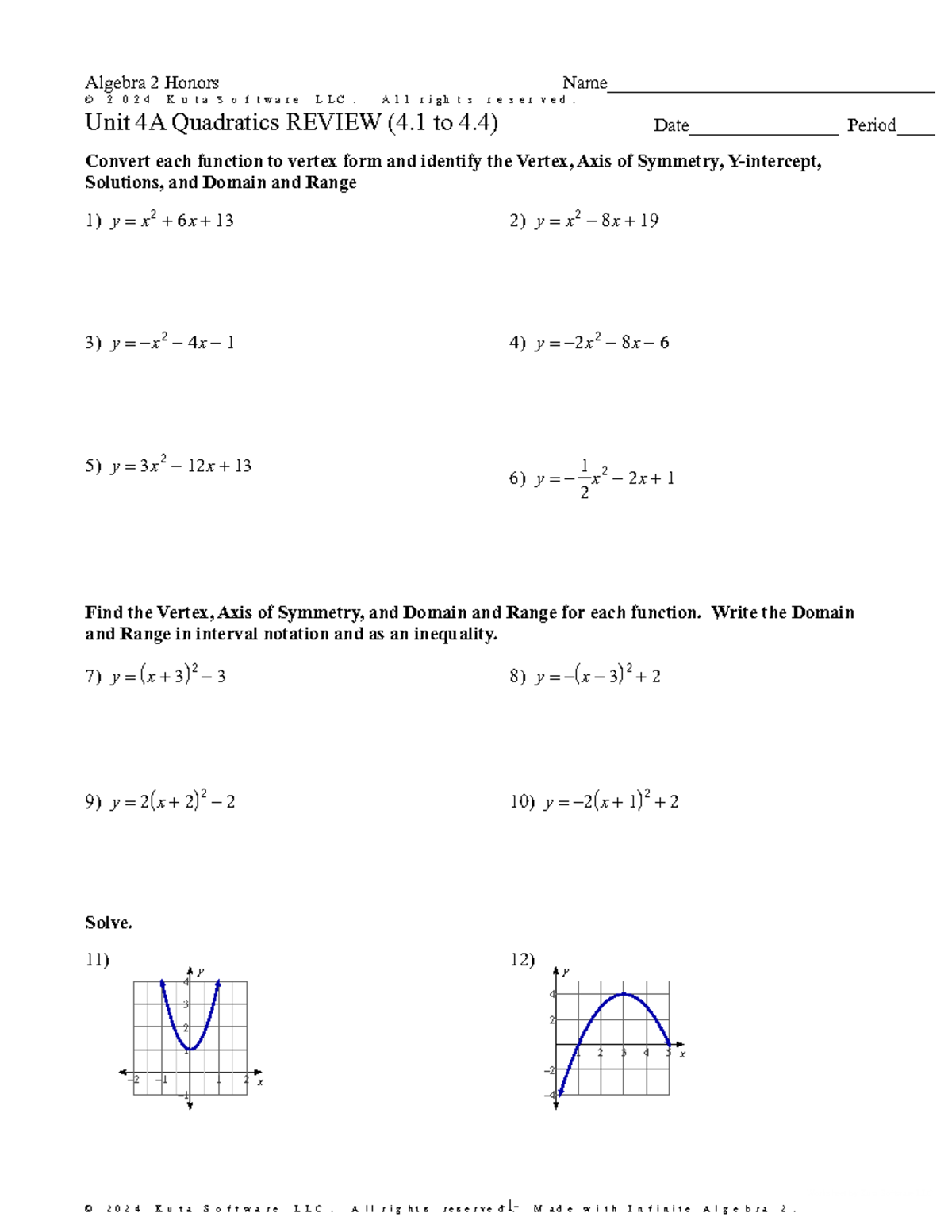 Algebra 2 Honors Unit 4A Quadratic Functions Test Review - Studocu