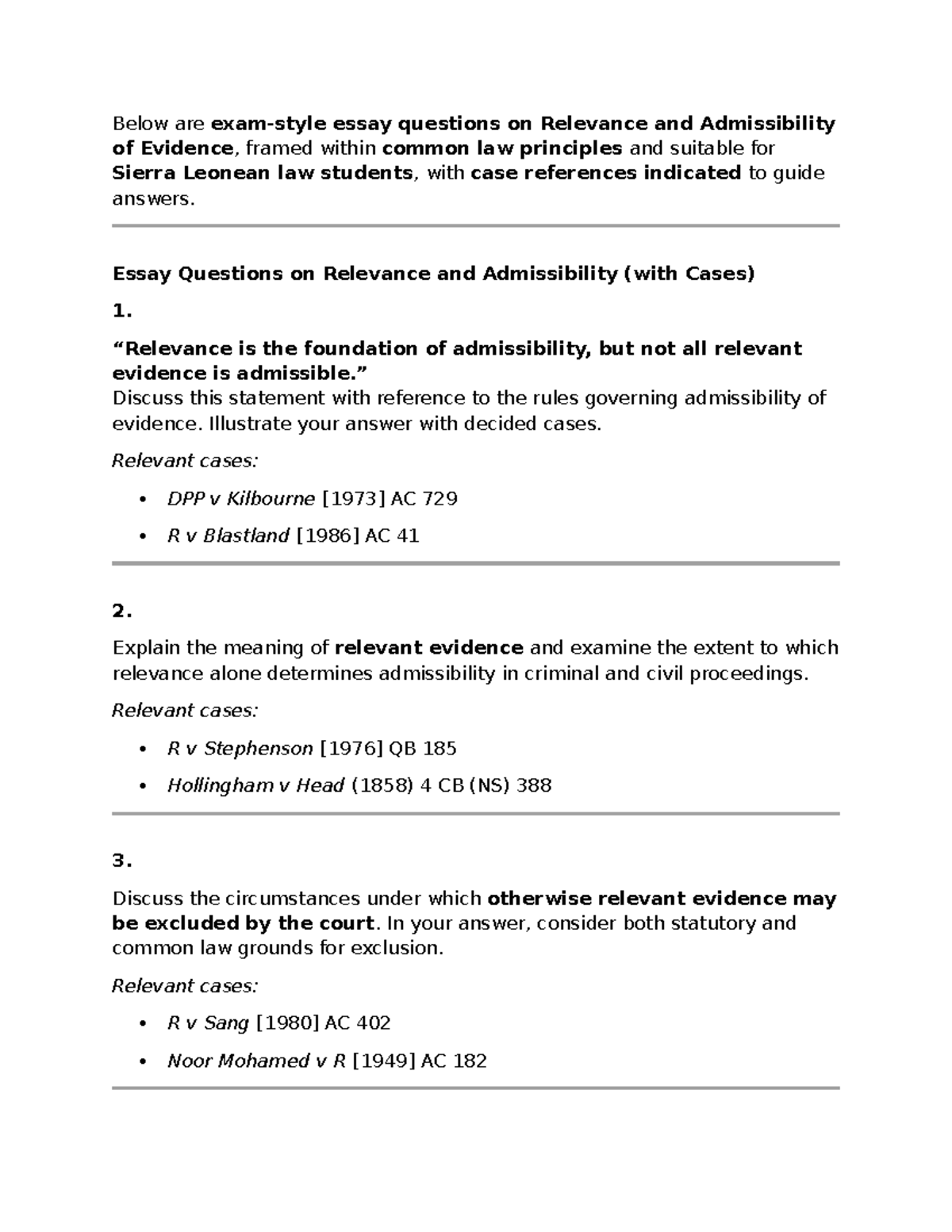 Essay Questions on Relevance and Admissibility of Evidence (Law 101 ...
