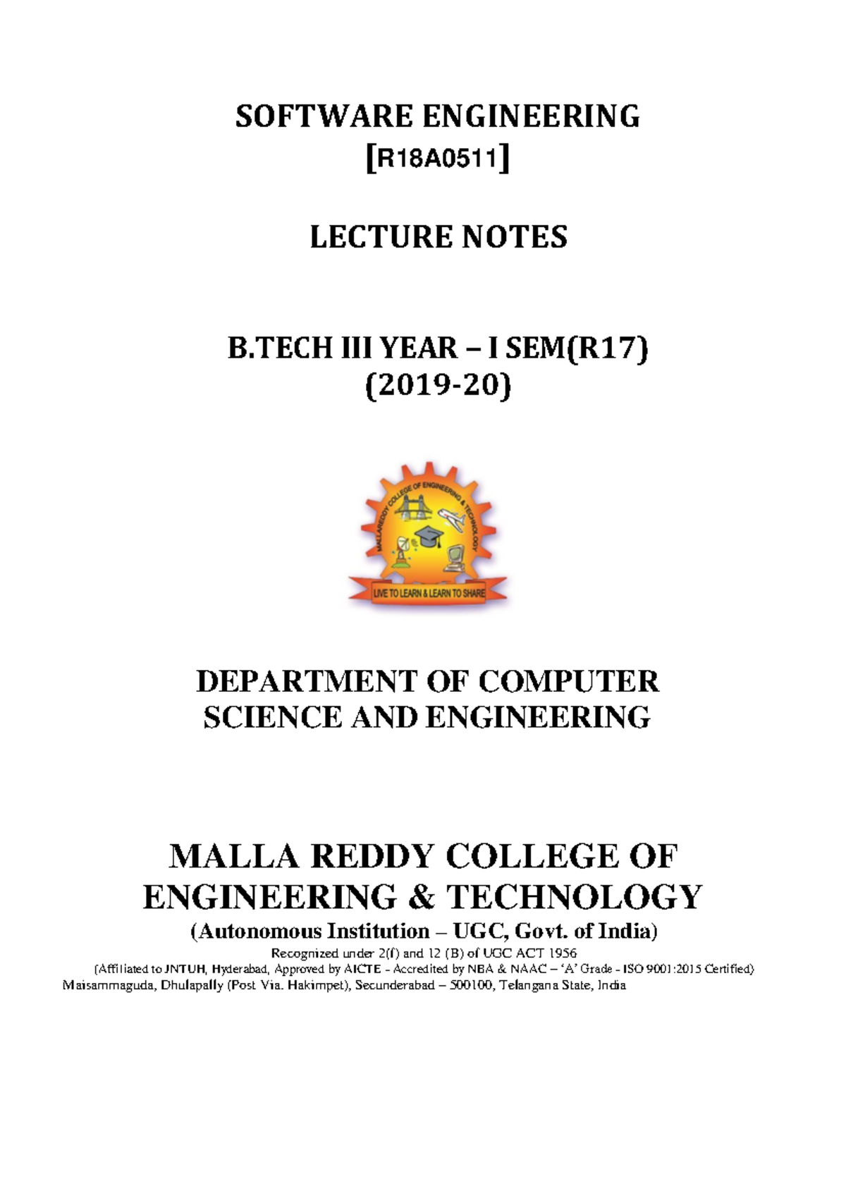 R18A0511 Software Engineering Lecture Notes for B.Tech III Year - Studocu