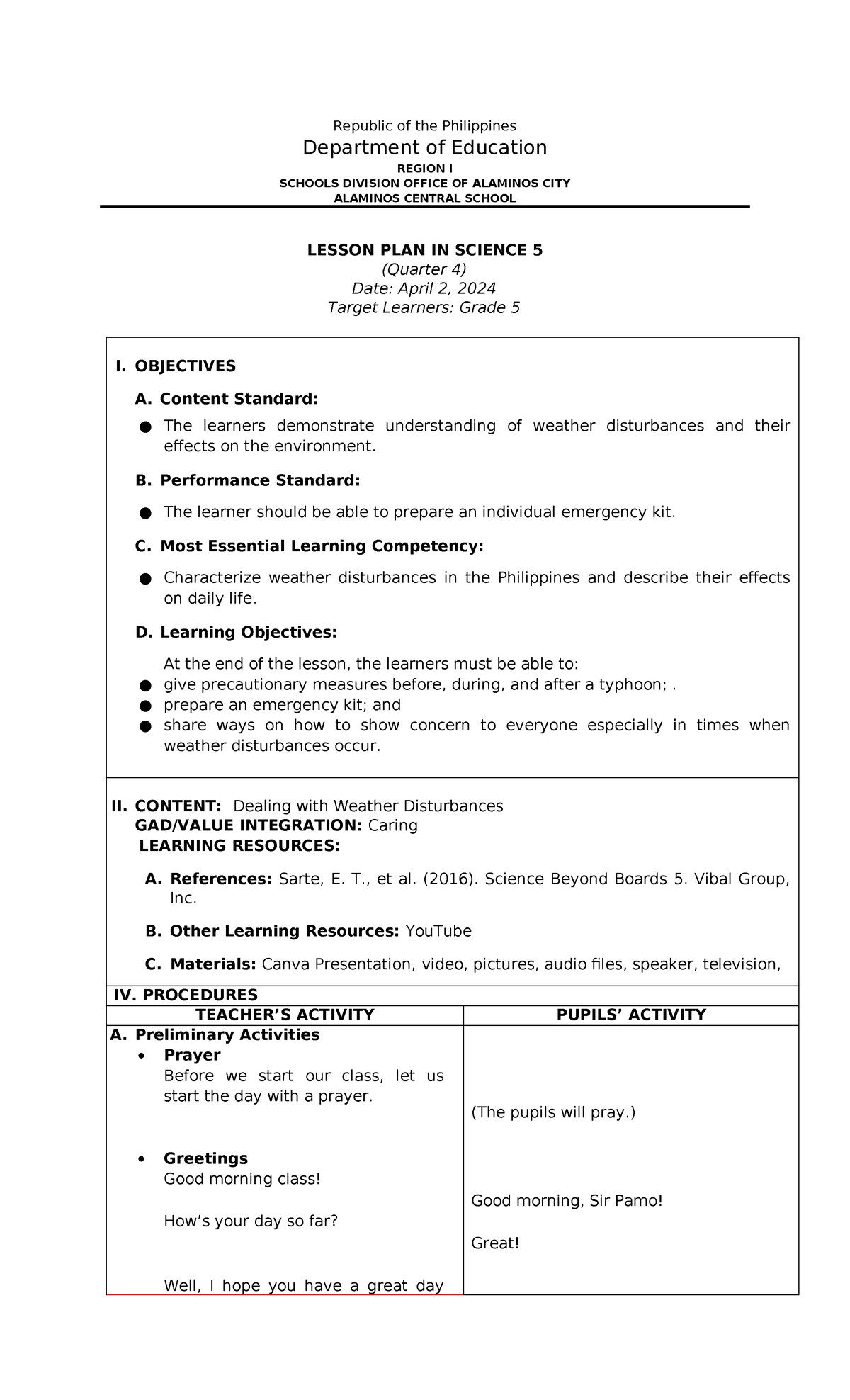 Grade 5 Lesson PLAN - Republic of the Philippines Department of ...