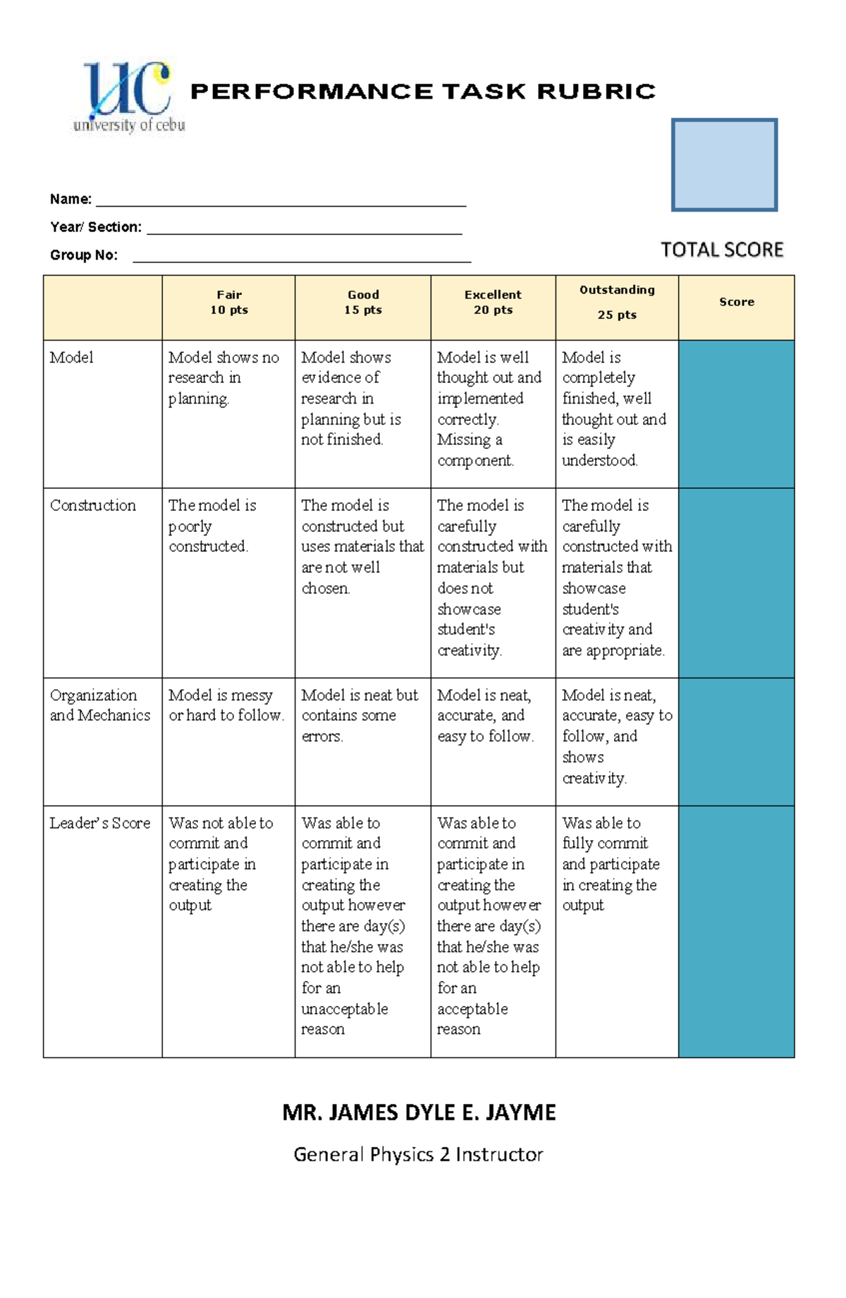 General Physics 2: Mini Tesla Coil Performance Task Rubric - Studocu