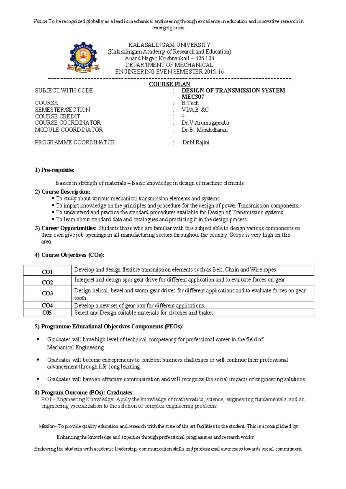 MEC307: Lesson Plan for Design of Transmission Systems at KLU - Studocu