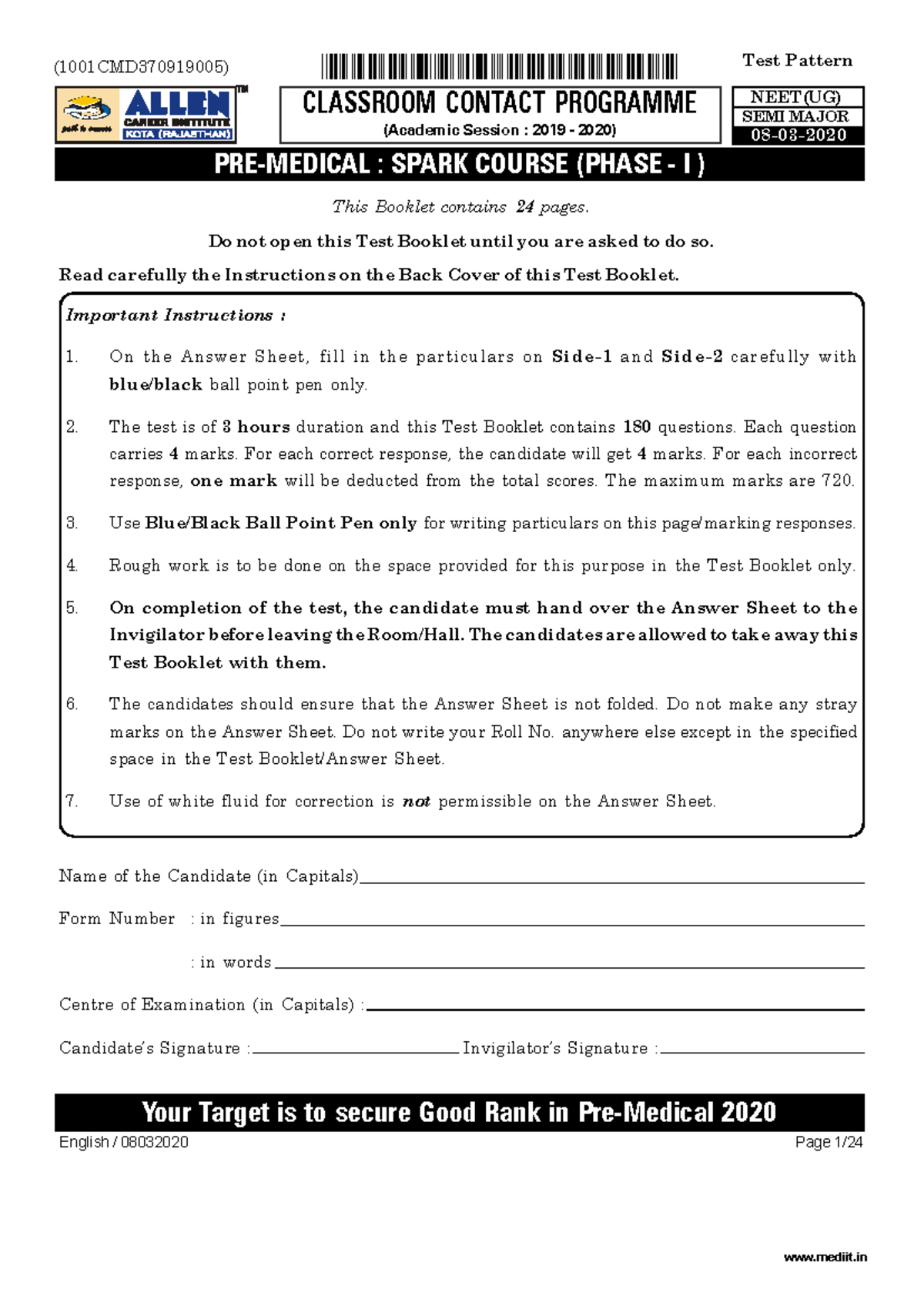 (1001CMD370919005) Allen Spark SEMI-Major Test & Solutions for NEET(UG ...