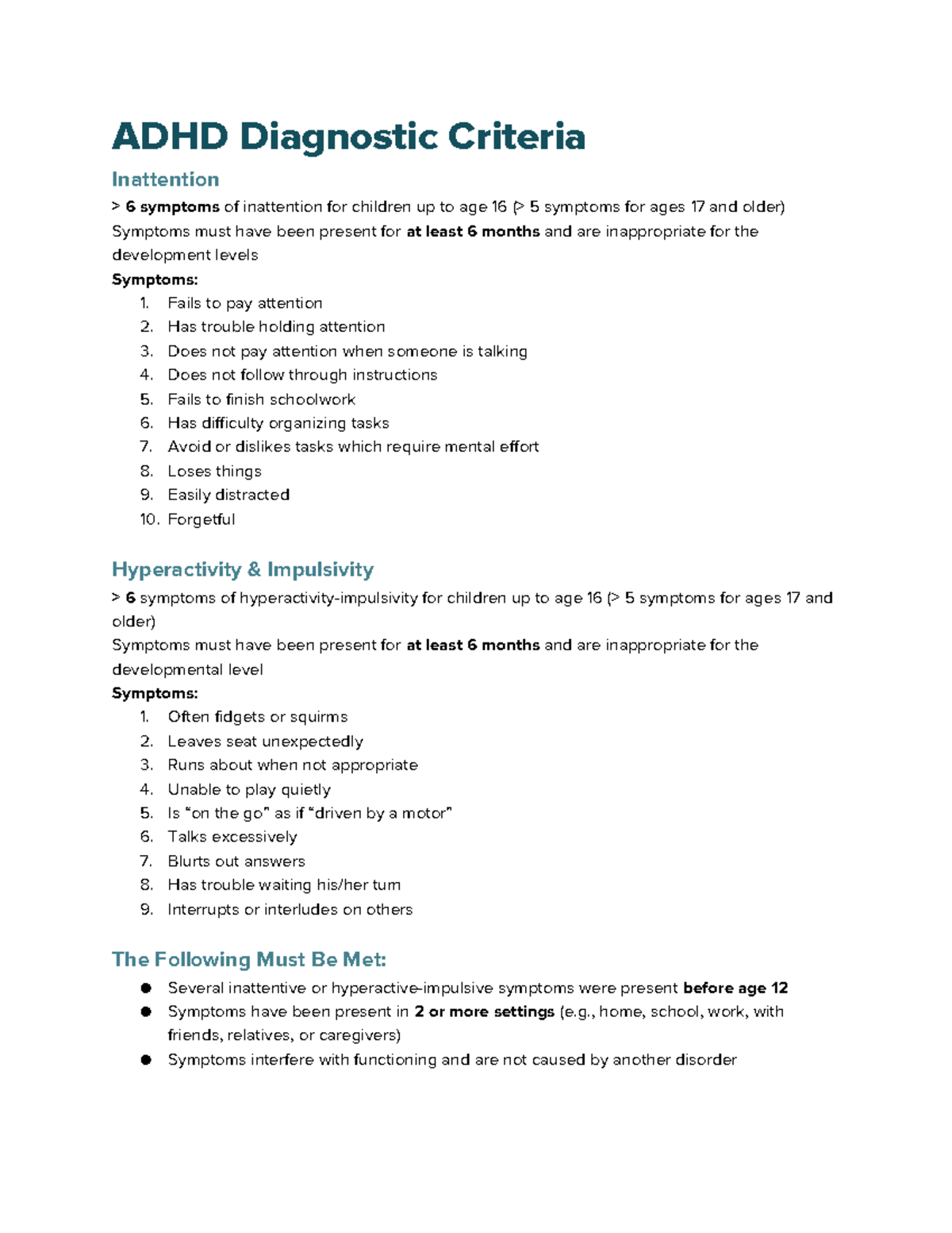 ADHD Diagnostic Criteria and Treatment Overview (ADHD Review) - Studocu