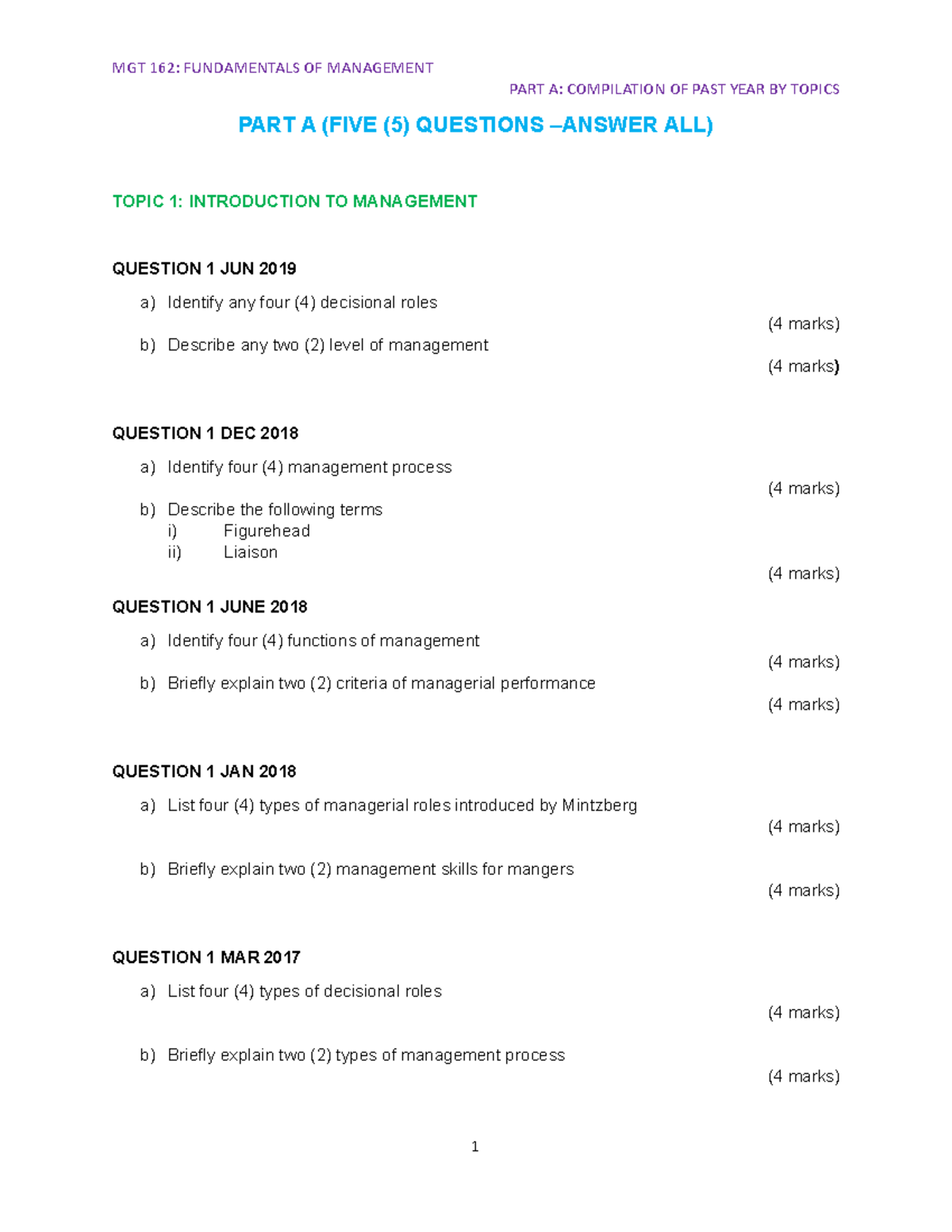 MGT 162 PART A compilation past years - PART A: COMPILATION OF PAST ...