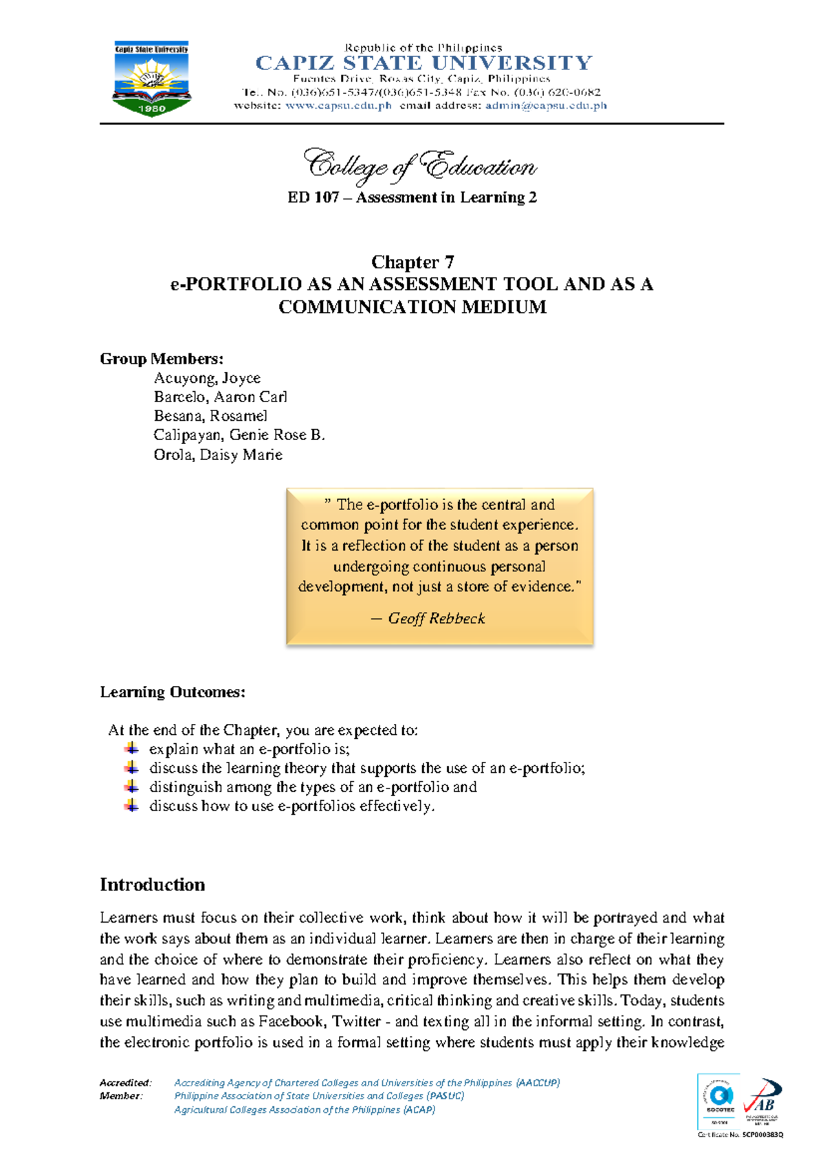 ED 107 - Final Exam Notes on e-Portfolios as Assessment Tools - Studocu
