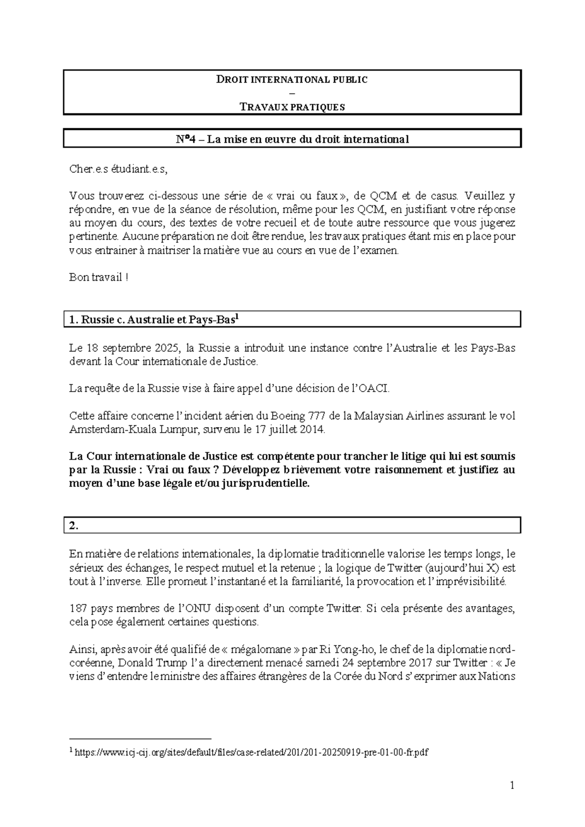 DROIT INTERNATIONAL PUBLIC - TP 4 : Énoncés et Cas Pratiques - Studocu