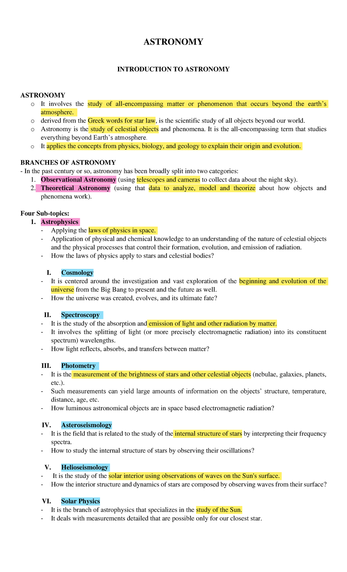 ASTR 101: Introduction to Astronomy - Key Concepts and Branches - Studocu