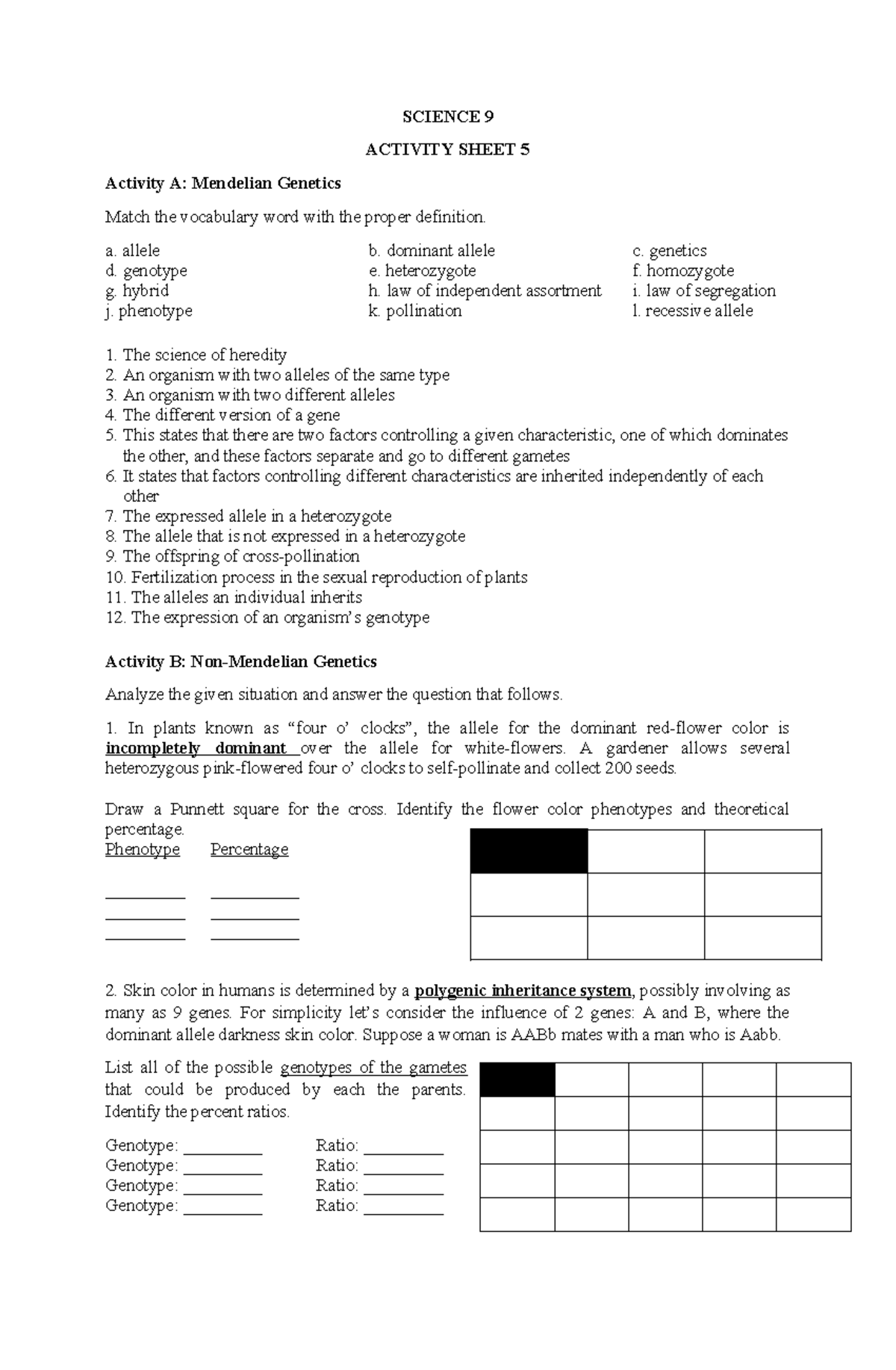 Science 9 Activity 5: Pre-Assessment on Mendelian & Non-Mendelian ...