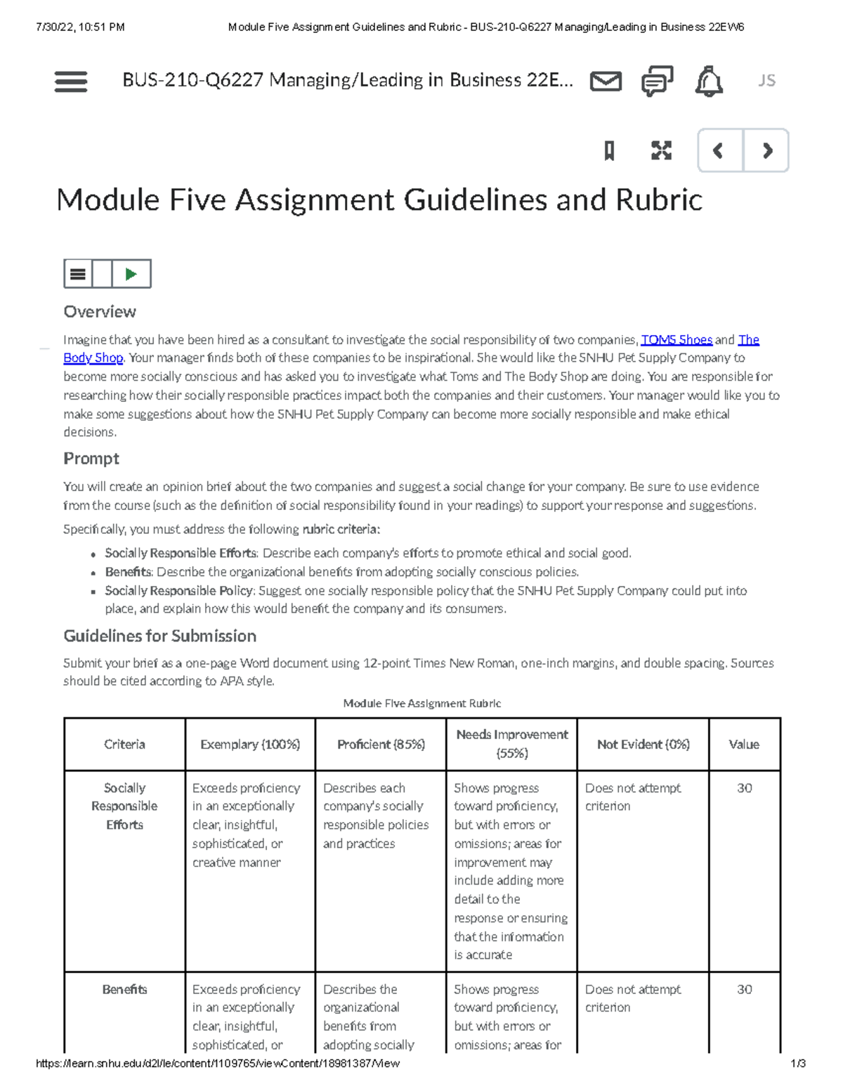 Module Five Assignment Guidelines and Rubric - BUS-210-Q6227 Managing Leading in Business 22EW6 ...