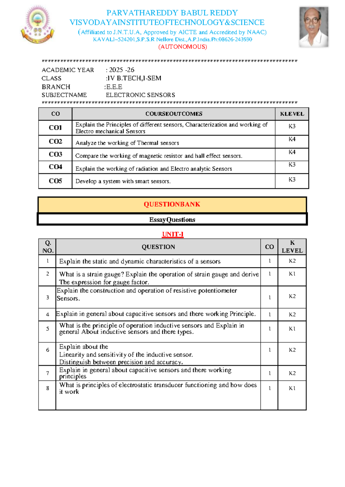 ES IV-1 Question Bank on Electronic Sensors for E.E.E Course - Studocu