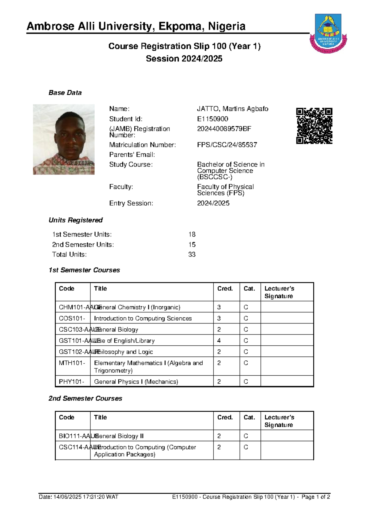 Course Registration Slip for B.Sc. in Computer Science (100 Level ...
