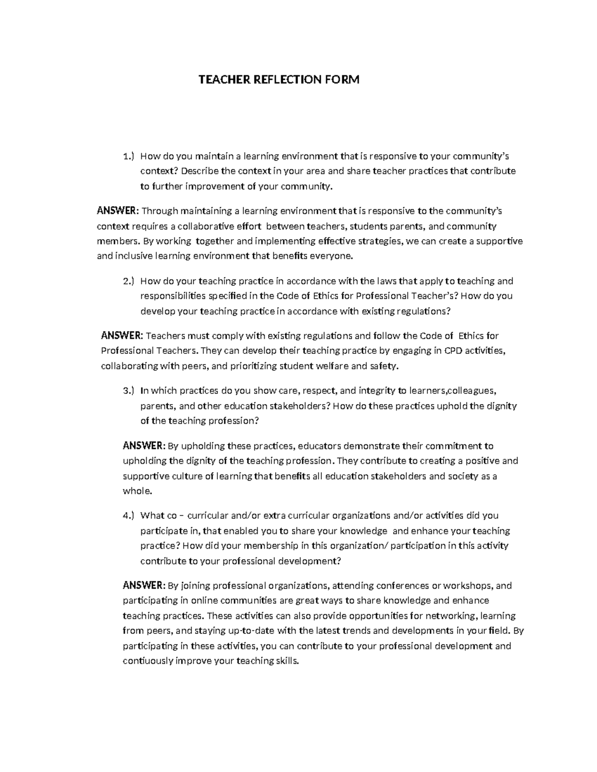 Teacher Reflection FORM - TEACHER REFLECTION FORM 1.) How do you ...