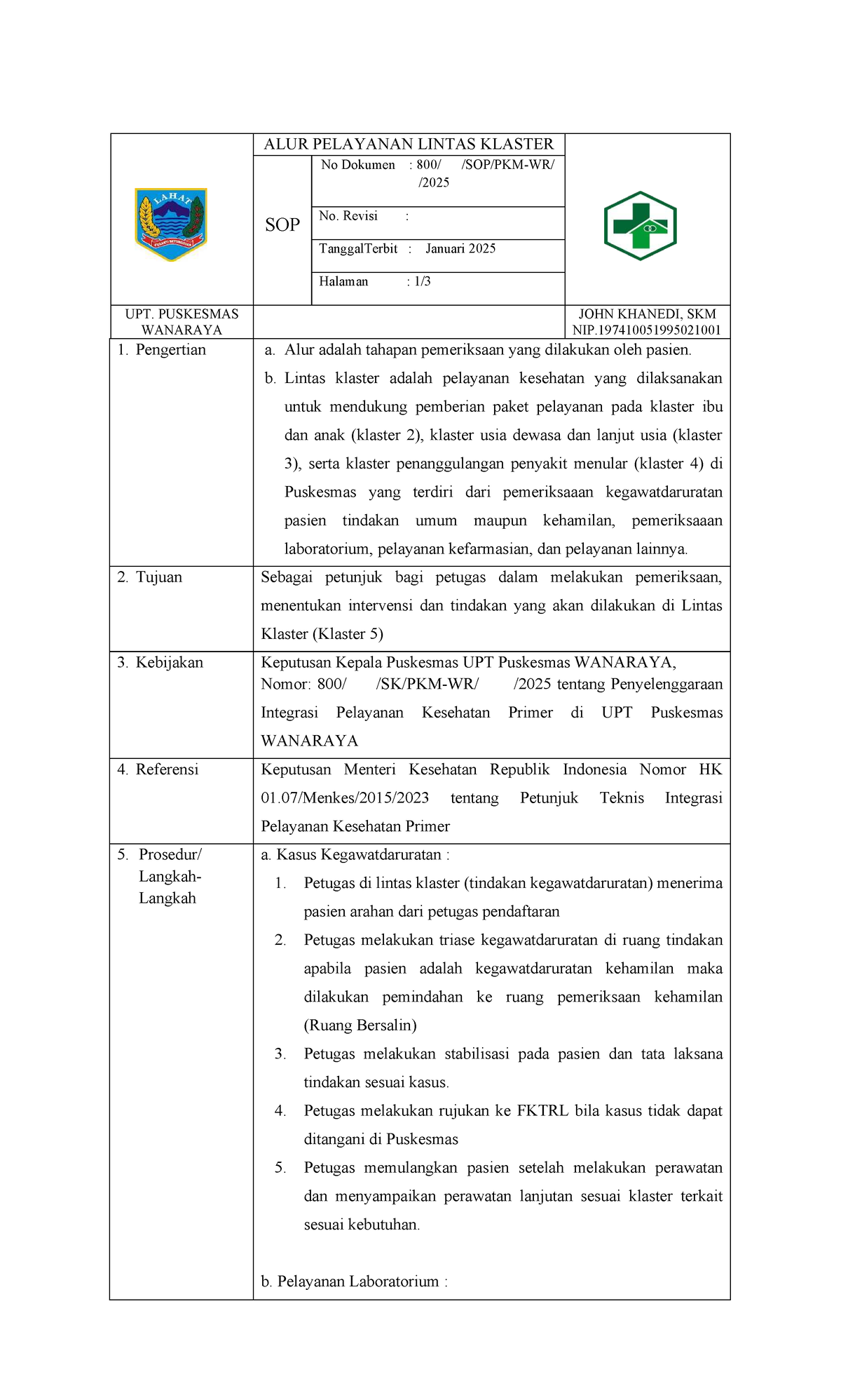SOP Pelayanan Lintas Klaster PKM di UPT Puskesmas Wanaraya 2025 - Studocu