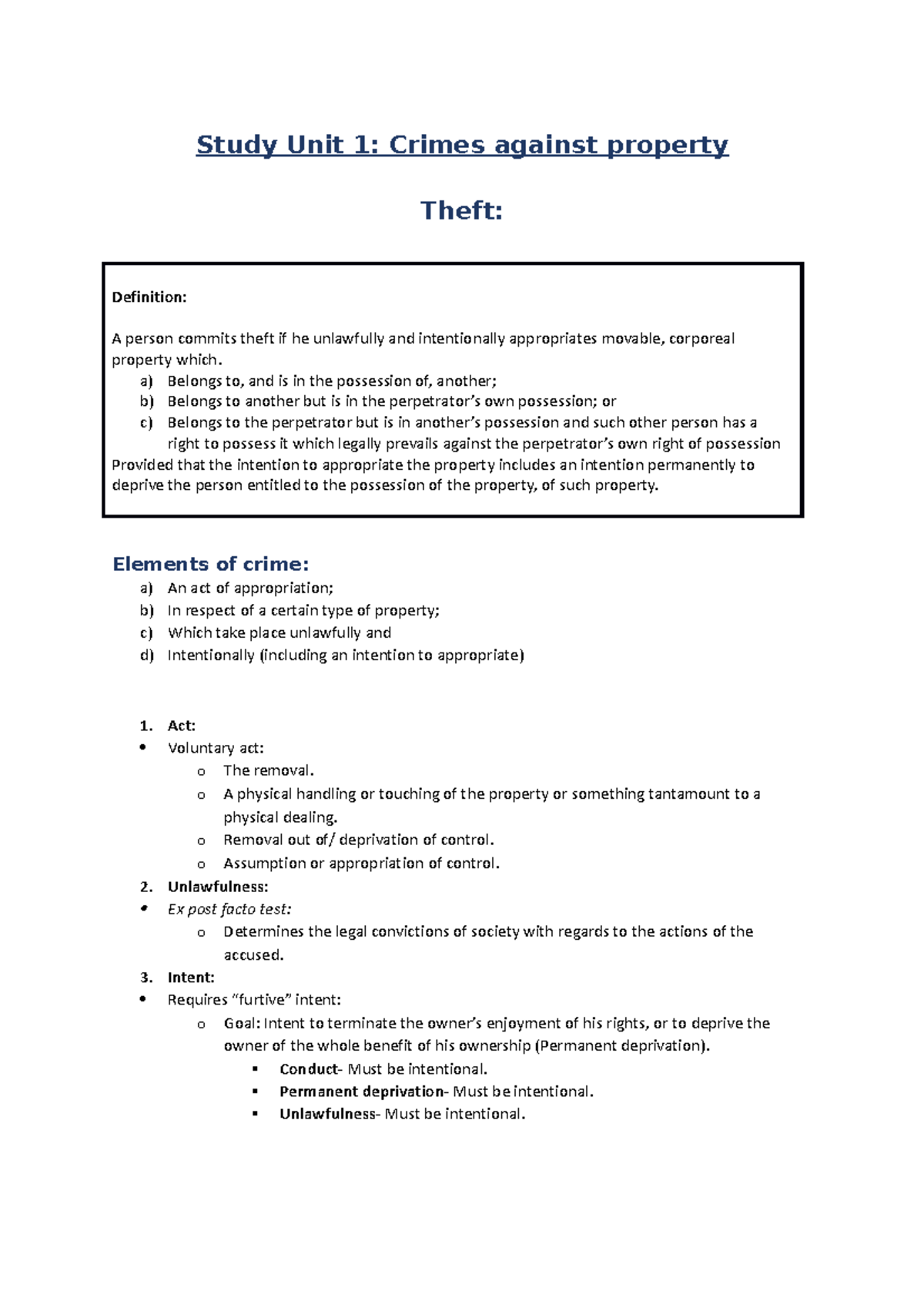 Criminal Law Lecture Notes: Crimes Against Property (LAW101) - Studocu
