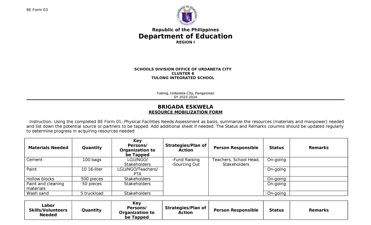 BE Form 03: Resource Mobilization Guide for Brigada Eskwela 2023 - Studocu