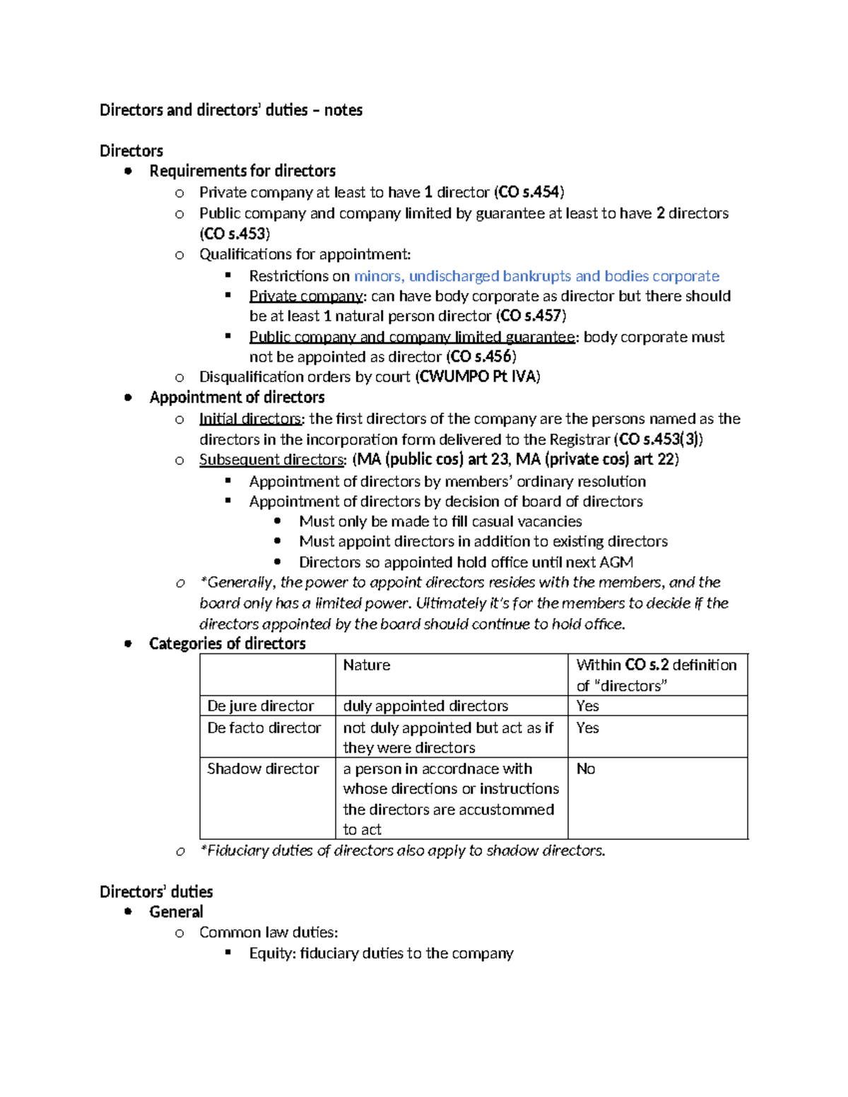 S5 - Directors' Duties and Responsibilities Notes - Studocu