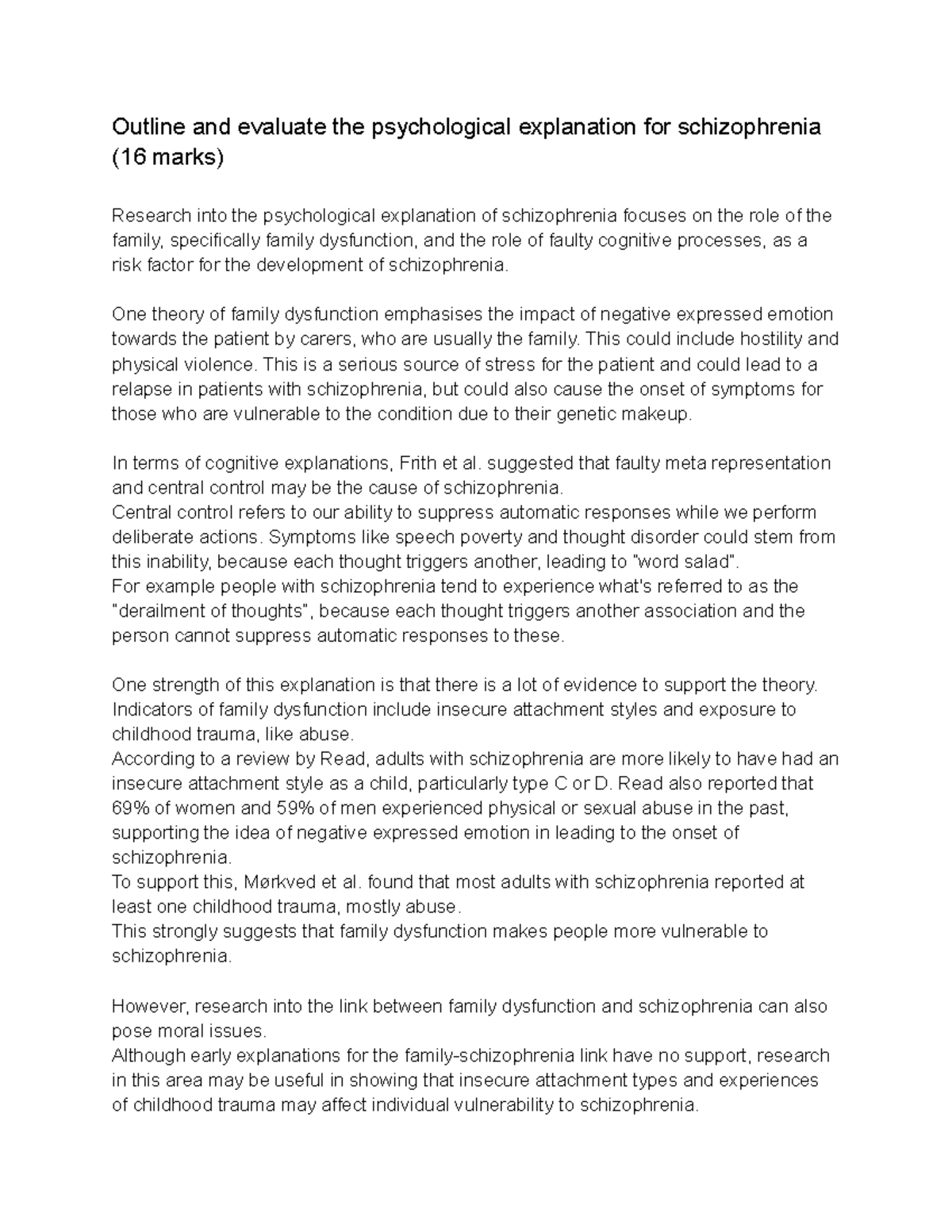 Psychological Explanation of Schizophrenia: Family & Cognitive Factors ...