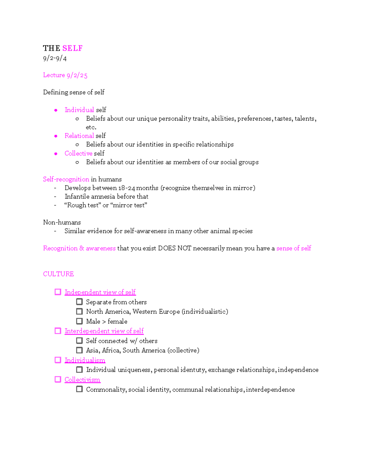 Self and Identity: Insights from Lecture Notes (PSY 225) - Studocu