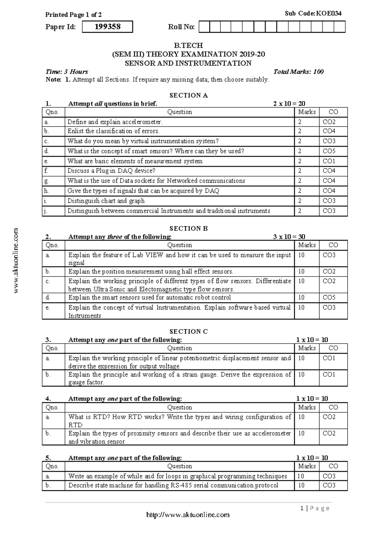 Btech 3 sem sensor and instrumentation koe044 2020 - Printed Page 1 of 2 Sub Code:KOE Paper Id ...