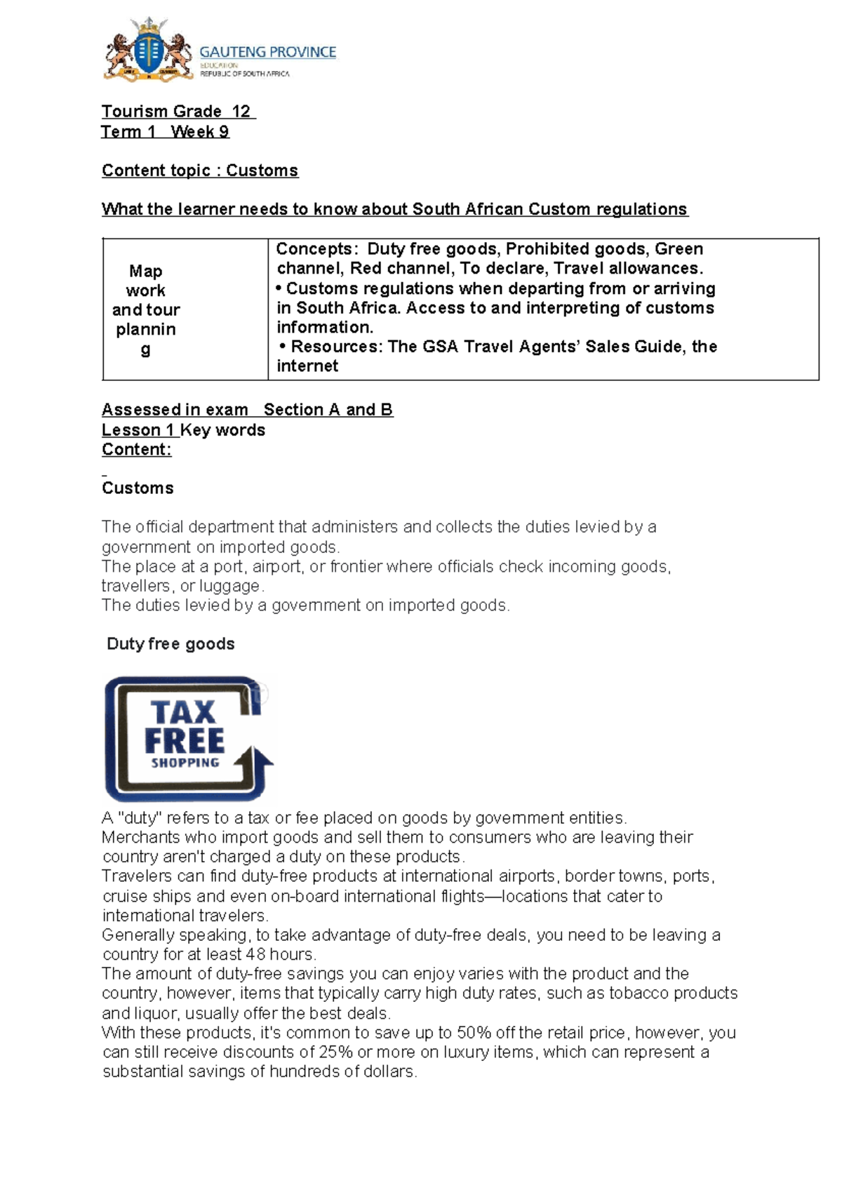 Tourism Grade 12 Term 1 Week 9 Customs Regulations Overview - Studocu