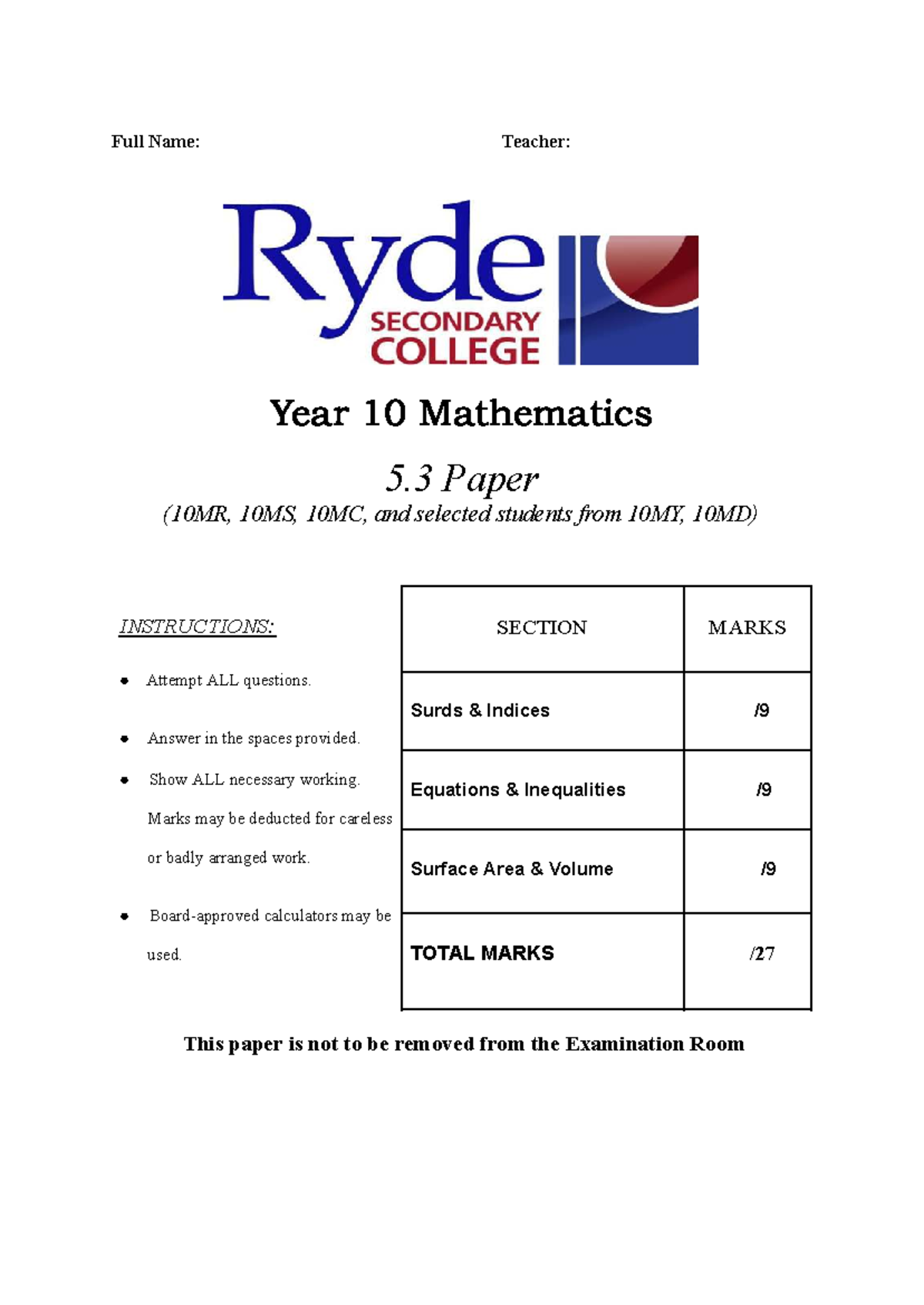 Year 10 Mathematics 5.3 Exam Paper (10MR, 10MS, 10MC) - Studocu