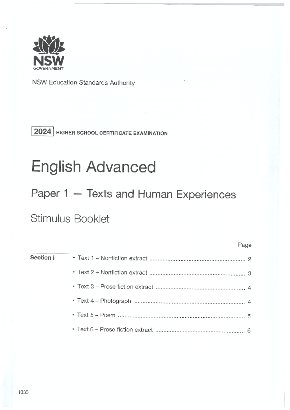 HSC 2024 English Adv Paper 1 Texts & Human Experiences Stimulus Booklet ...