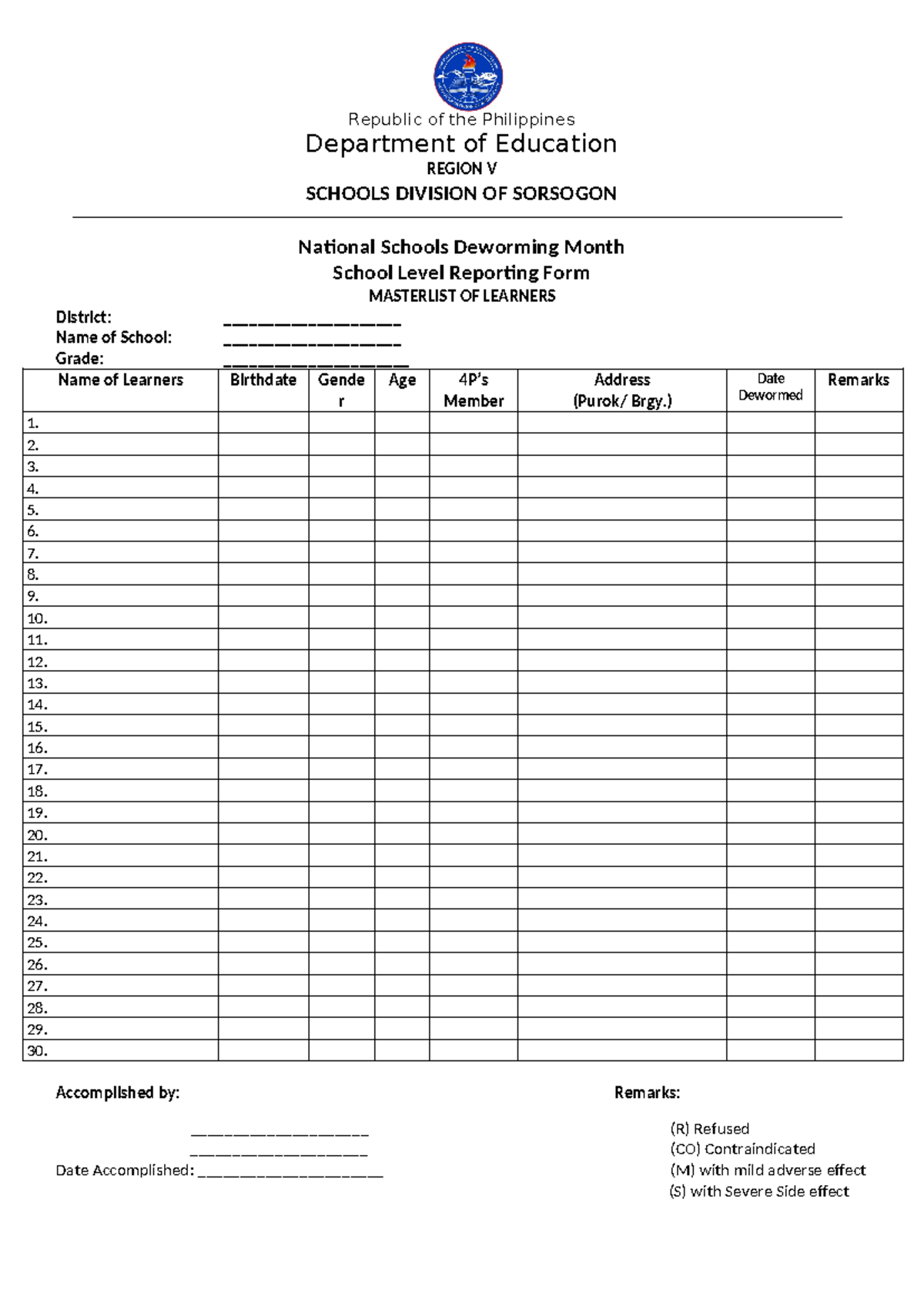 NSDD Masterlist for School-Level Learner Reporting Form - Studocu