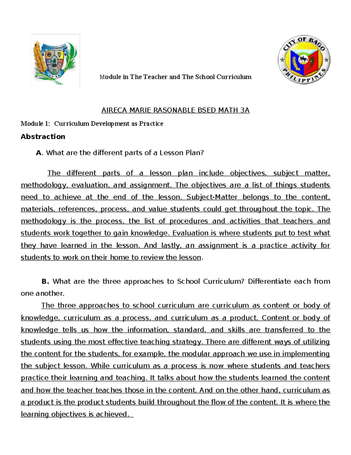 BSED MATH 3A - Module 1: Curriculum Development & Lesson Planning Notes ...