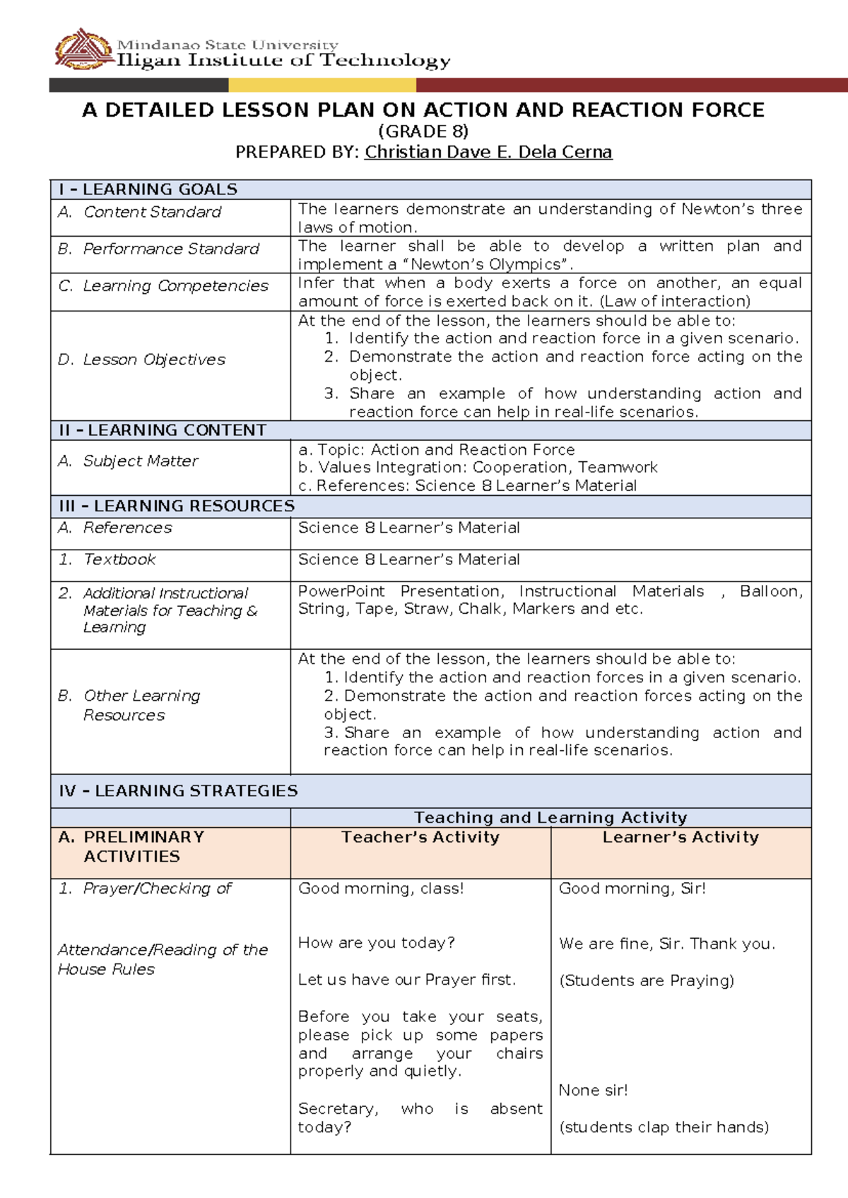 Grade 8 Science Lesson Plan: Action and Reaction Forces - Studocu