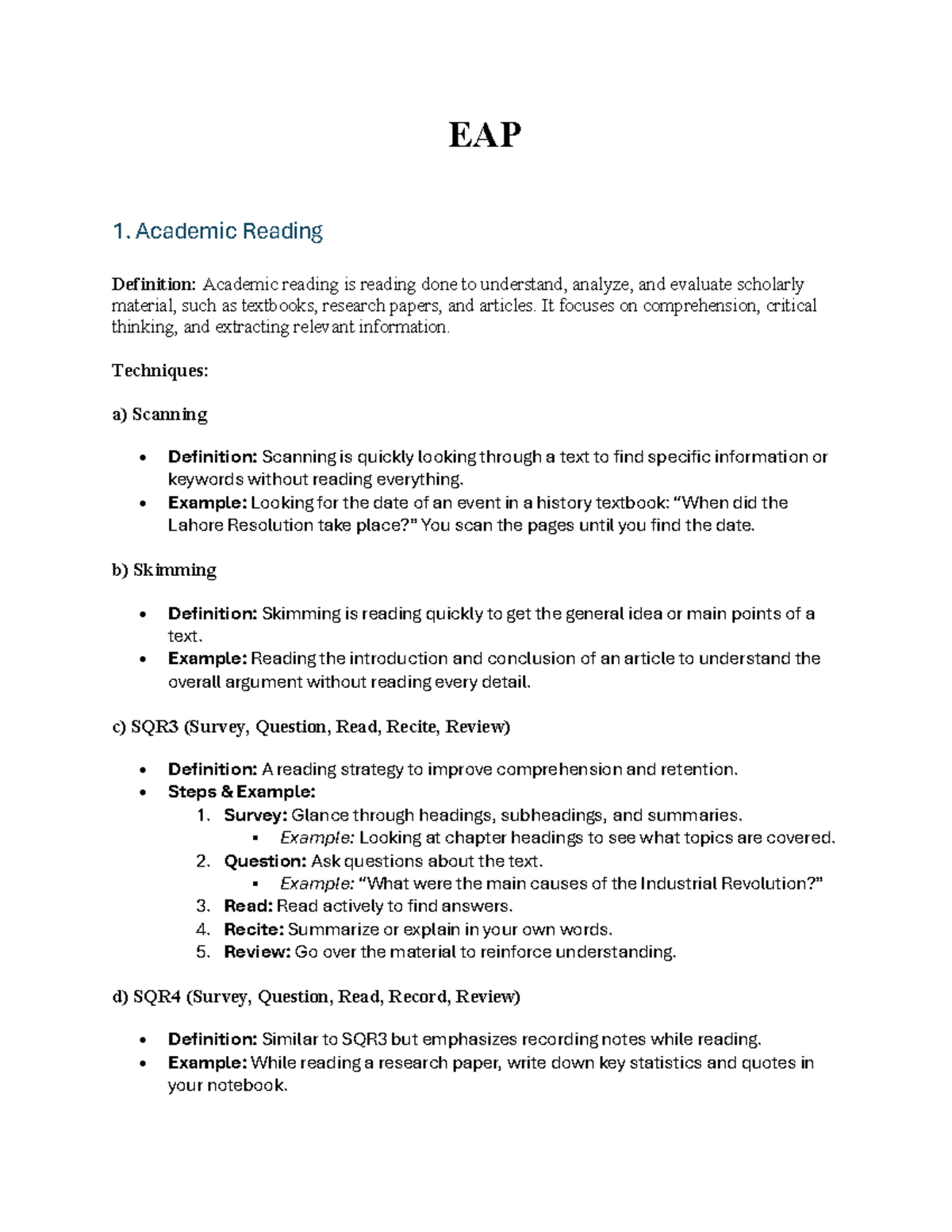 EAP 1: Techniques for Academic Reading and Writing Strategies - Studocu