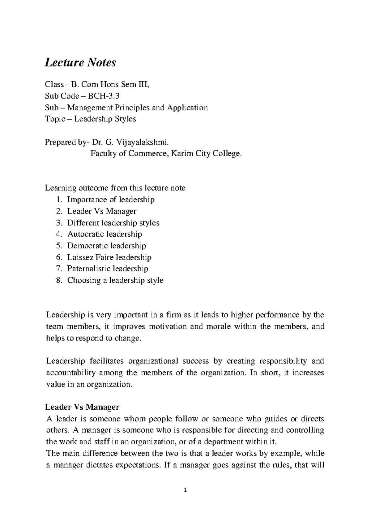 Leadership Styles - BCH-3 Lecture Notes for B. Com Hons Sem III - Studocu