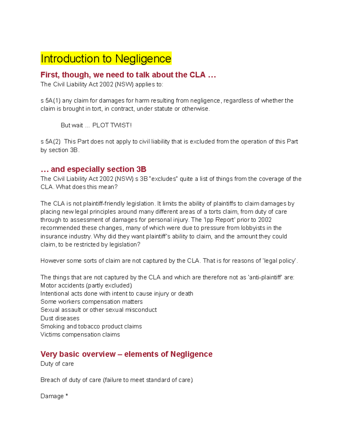 Torts Notes: Understanding Negligence and the Civil Liability Act 2002 ...