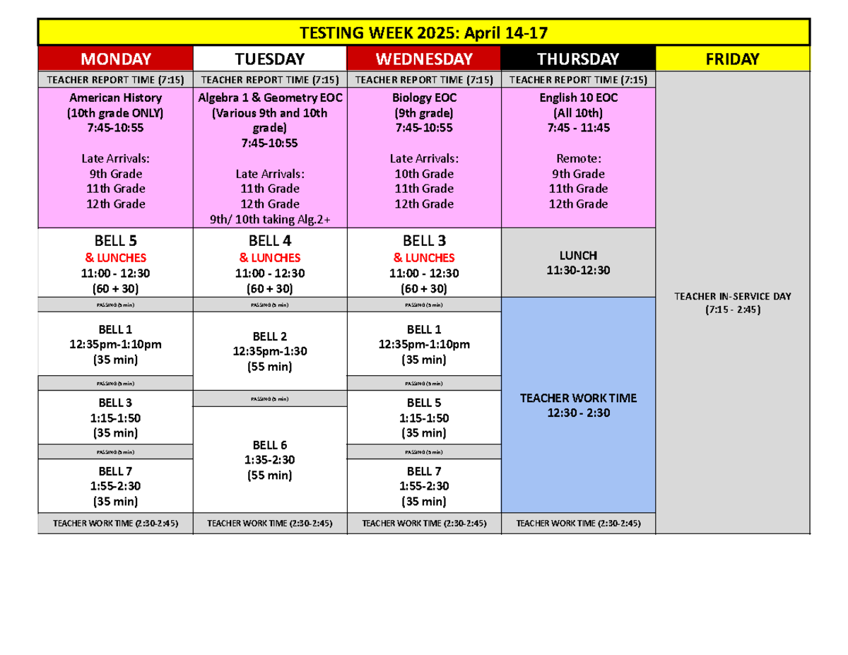 Spring 2025 State Testing Schedule - TESTING WEEK 2025: April 14 ...