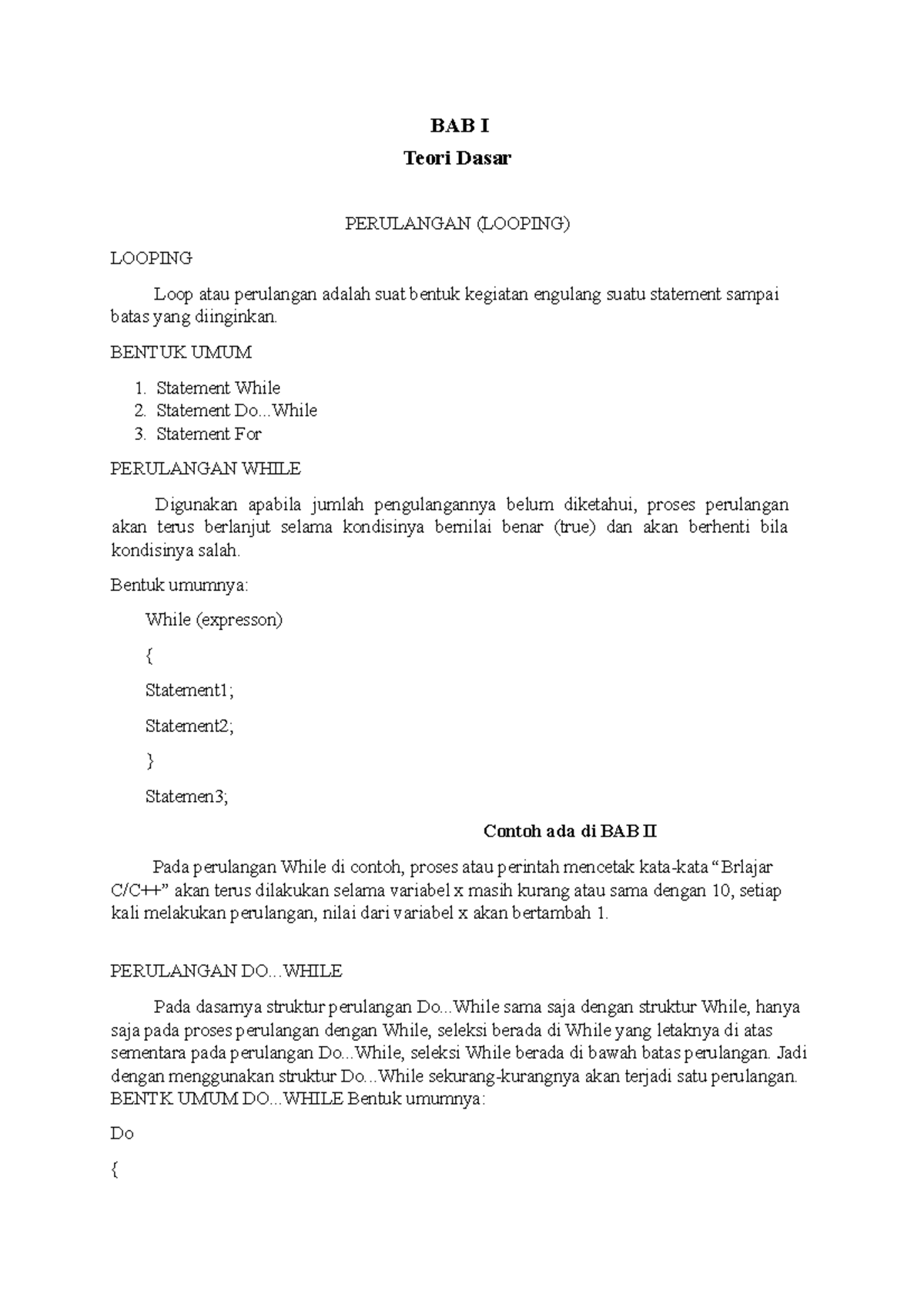 Rangkuman Materi Perulangan (Looping) - Kode Pemrograman C/C++ - Studocu