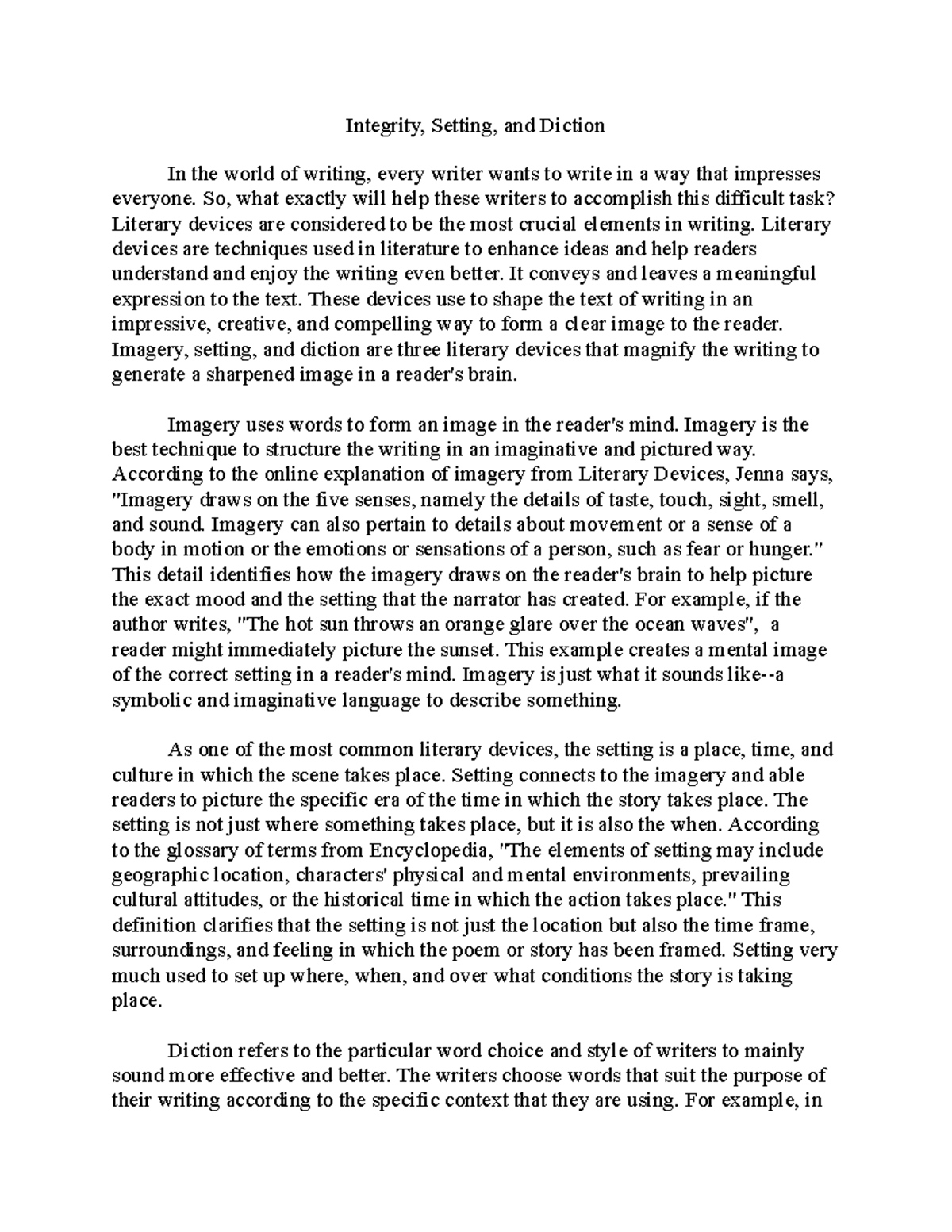 Literary Analysis of Imagery, Setting, and Diction in Writing - Studocu