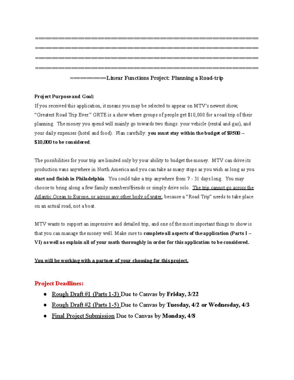 Linear Functions Project (MATH 101): Planning Your Dream Road Trip ...