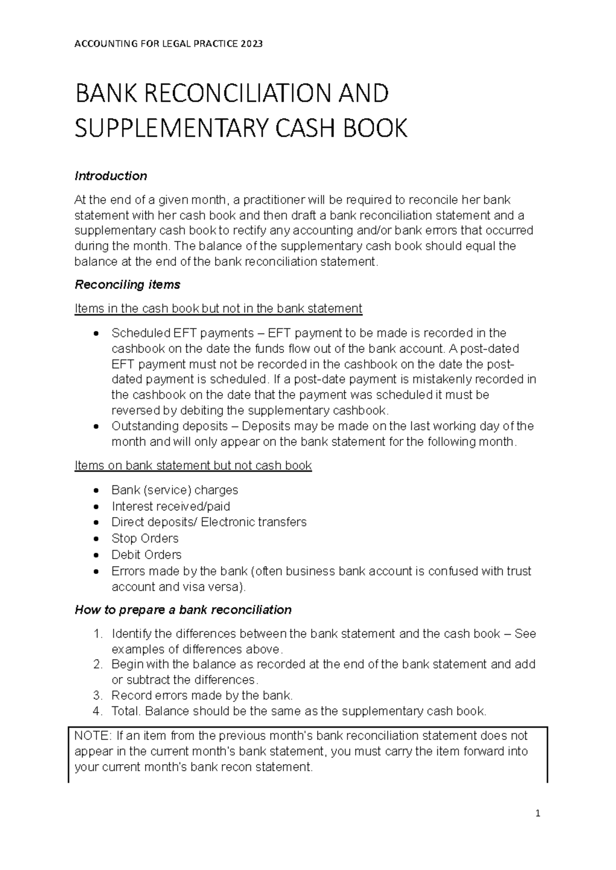 BANK Reconciliation & Supplementary Cash Book Notes - ACCOUNTING 2023 ...
