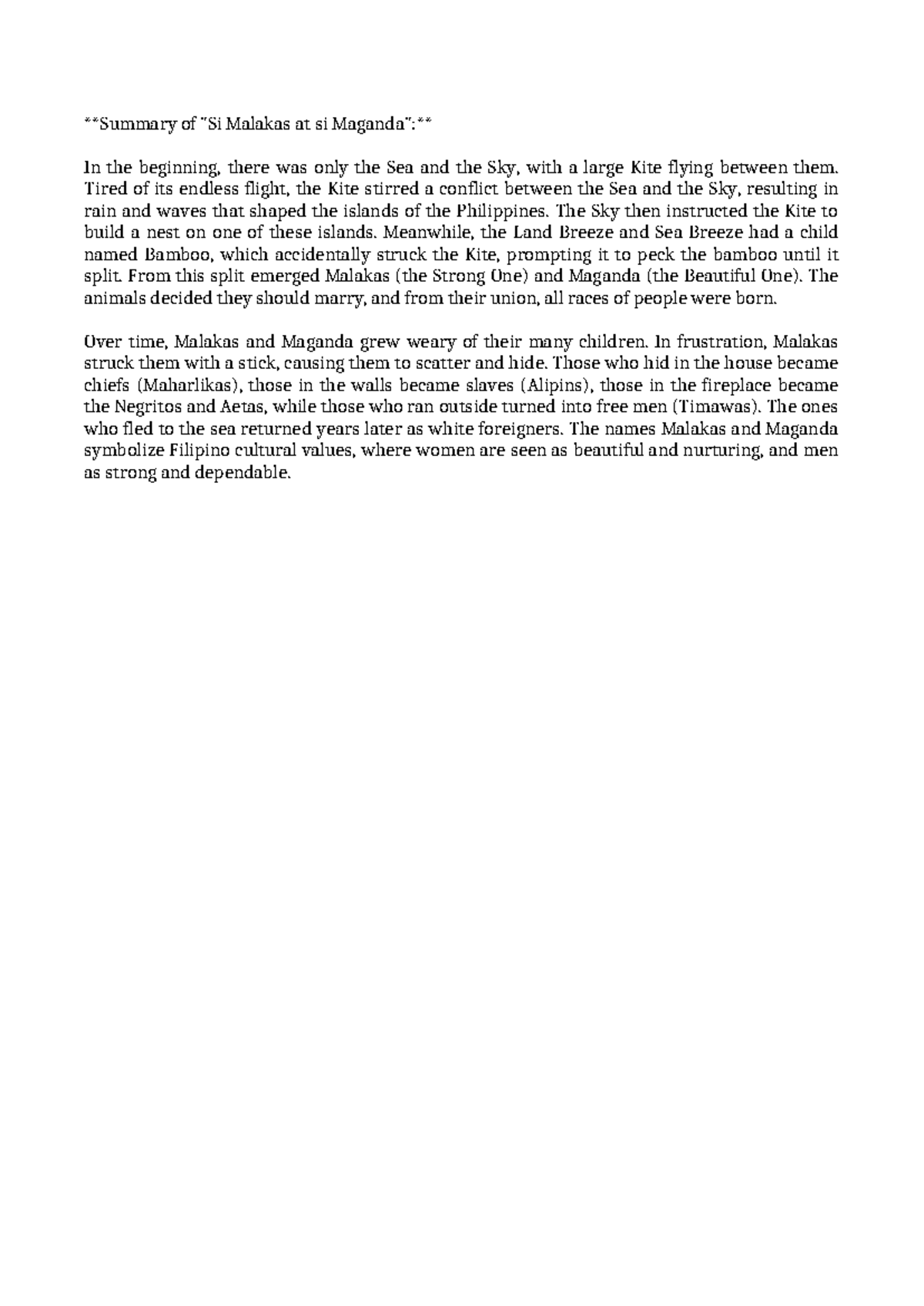 Creation Myths - Summary of "Si Malakas at si Maganda": In the ...