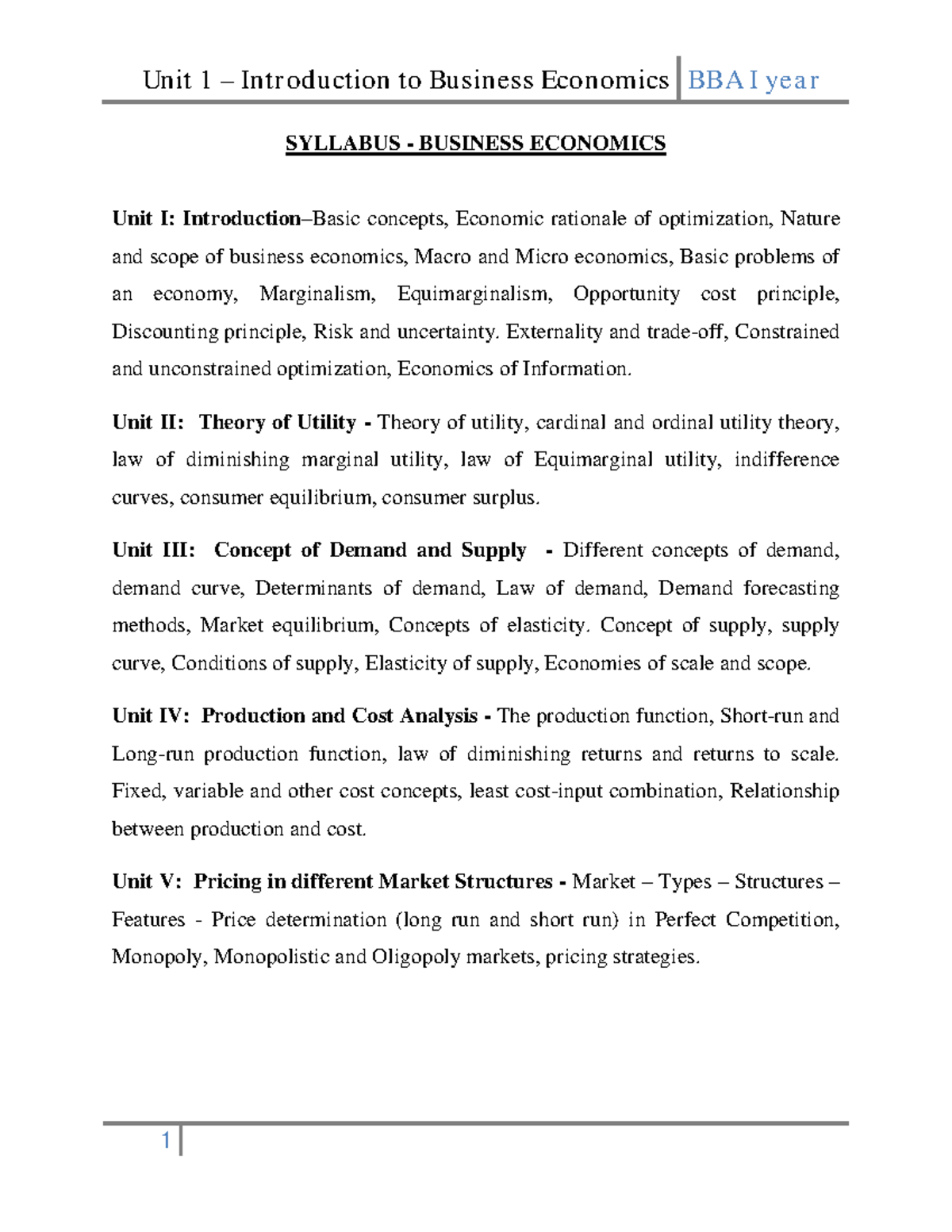 Business Economics BBA I Sem: Syllabus Overview and Key Concepts - Studocu
