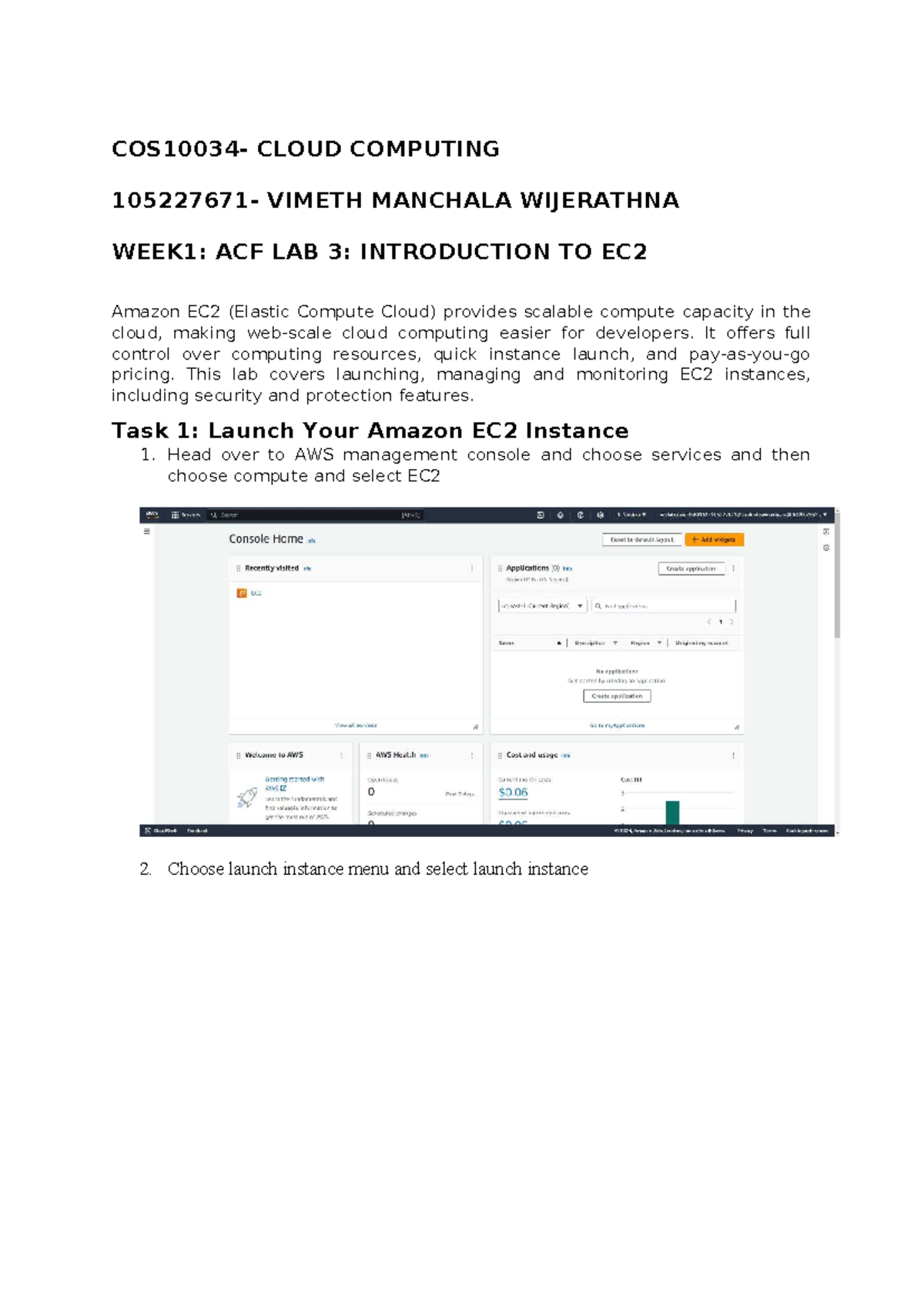 CLOUD COMPUTING 105227671 WEEK 1 LAB 3: INTRO TO EC2 - Studocu