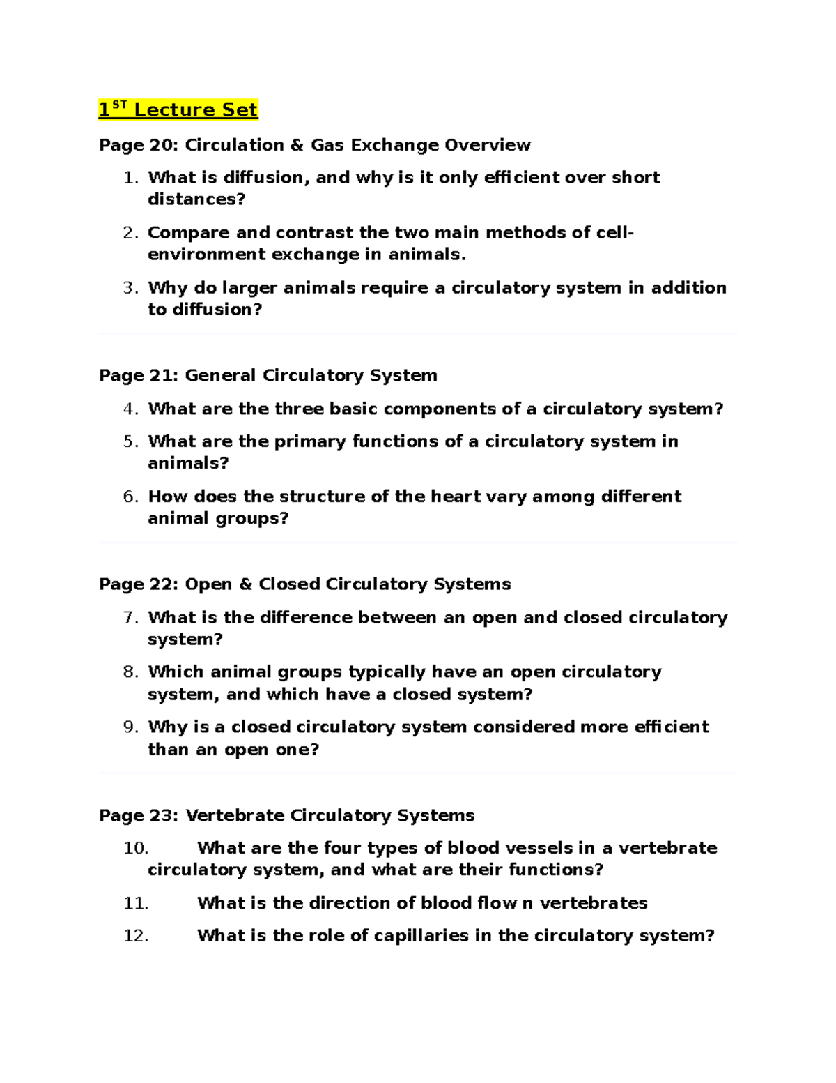 1ST Lecture Set: Circulation & Gas Exchange Overview (Bio 101) - Studocu