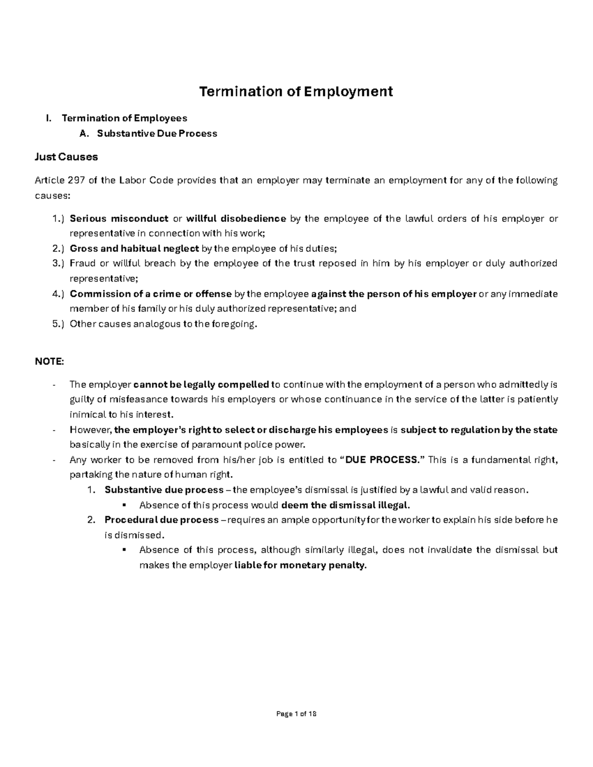 Labor Law - Termination of Employment: Just and Authorized Causes - Studocu