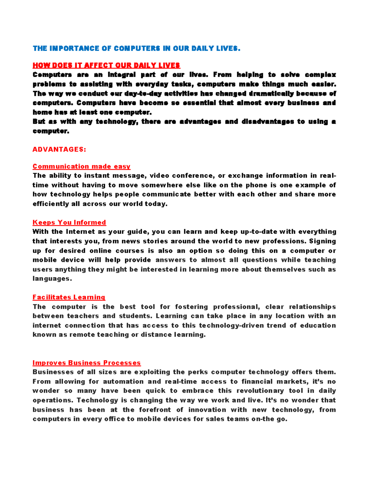 Importance OF Computers IN OUR Daily Lives - THE IMPORTANCE OF ...