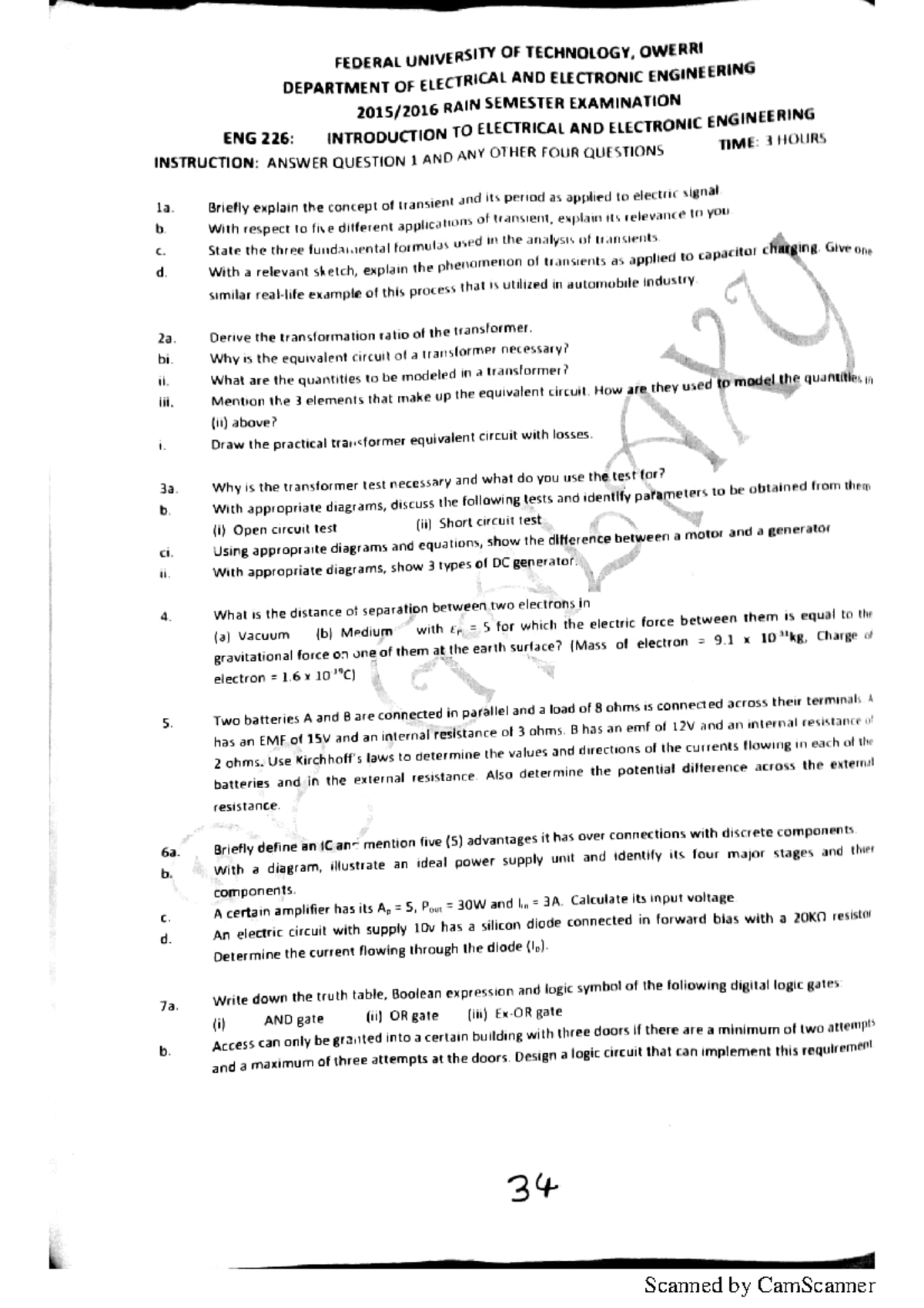 ENG 226: Past Examination Questions on Electrical & Electronic Engineering - Studocu