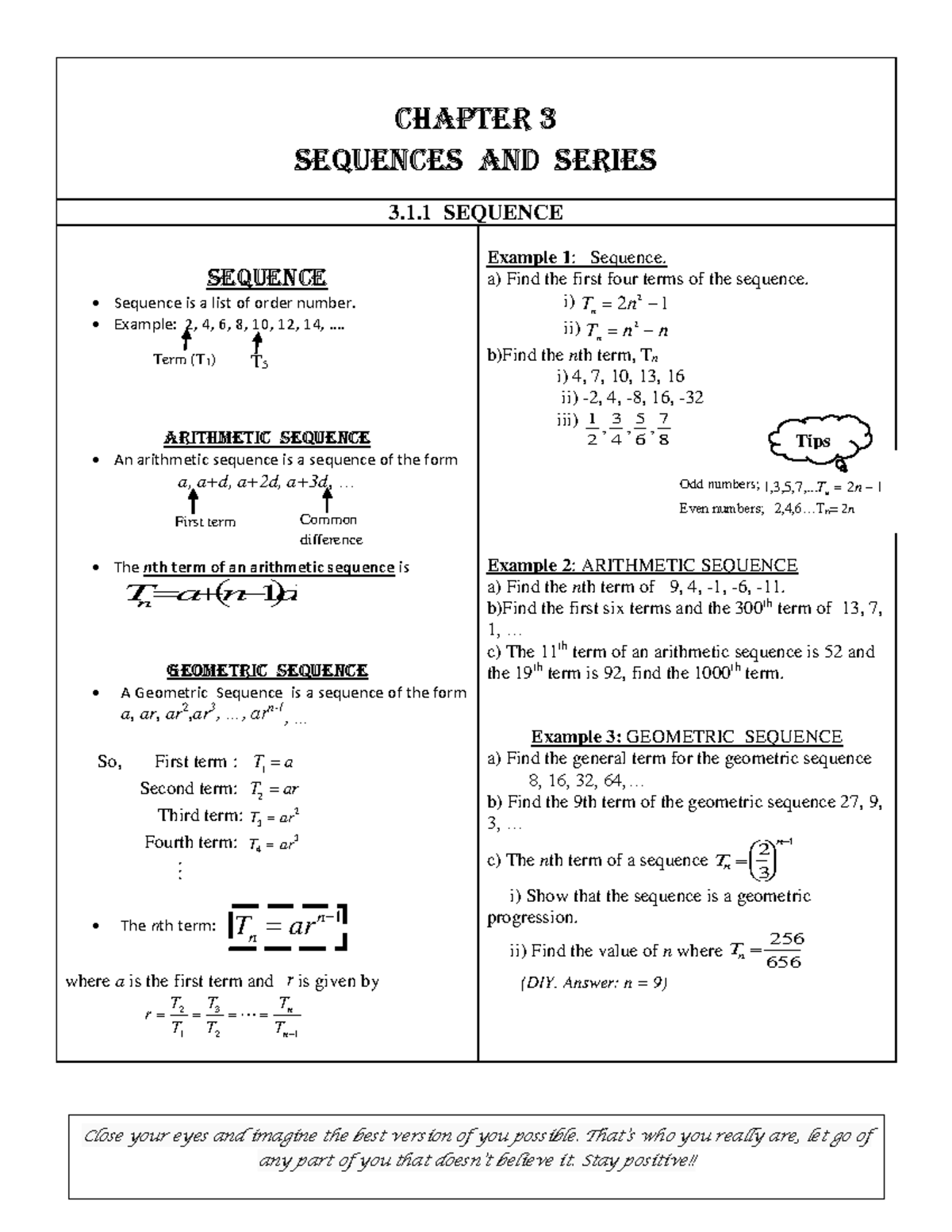 Chapter 3 - lec note - CHAPTER 3 SEQUENCES AND SERIES 3.1 SEQUENCE SEQUENCE Sequence is a list ...