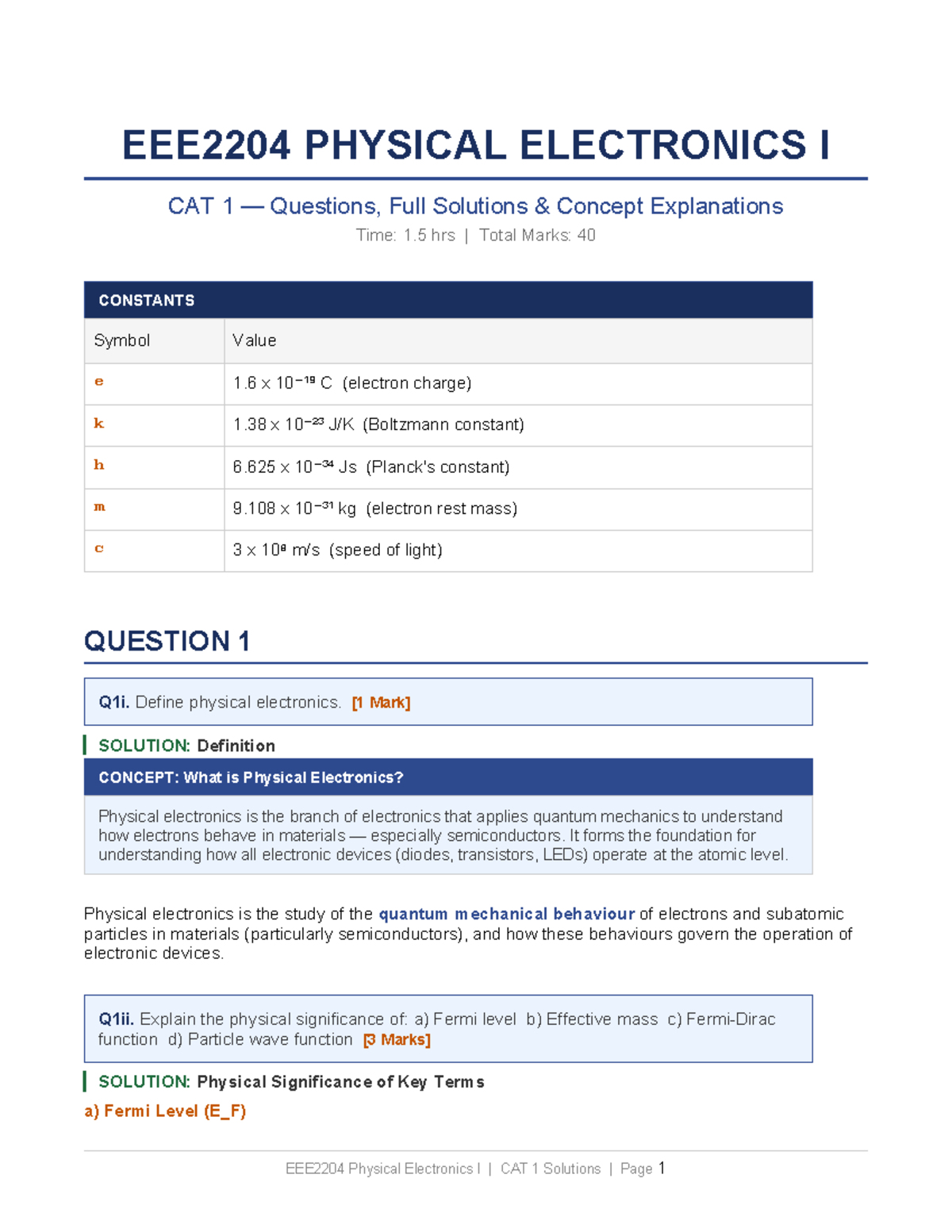 EEE2204 Physical Electronics I CAT 1 Solutions with Explanations - Studocu