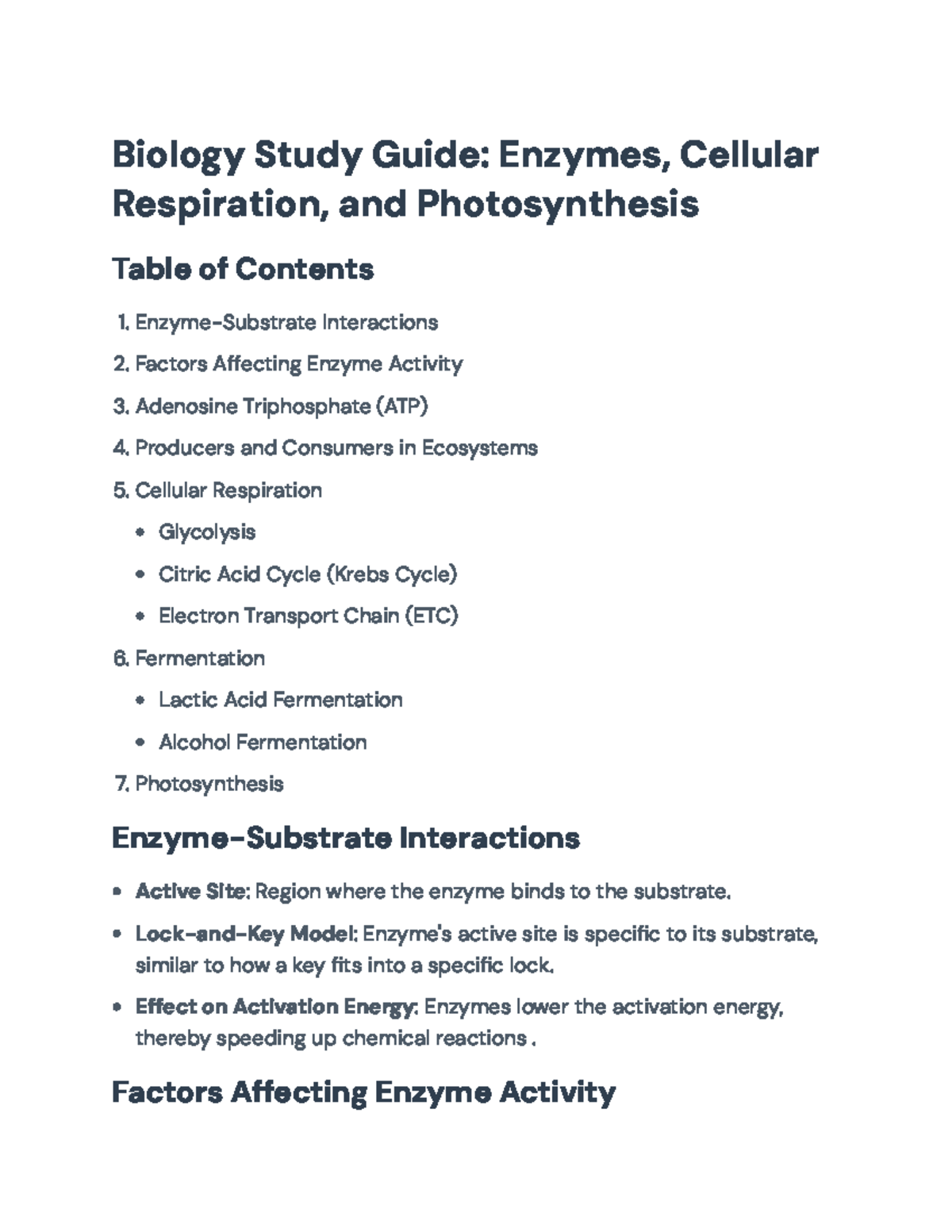 Biology Study Guide: Enzymes, Cellular Respiration, & Photosynthesis ...