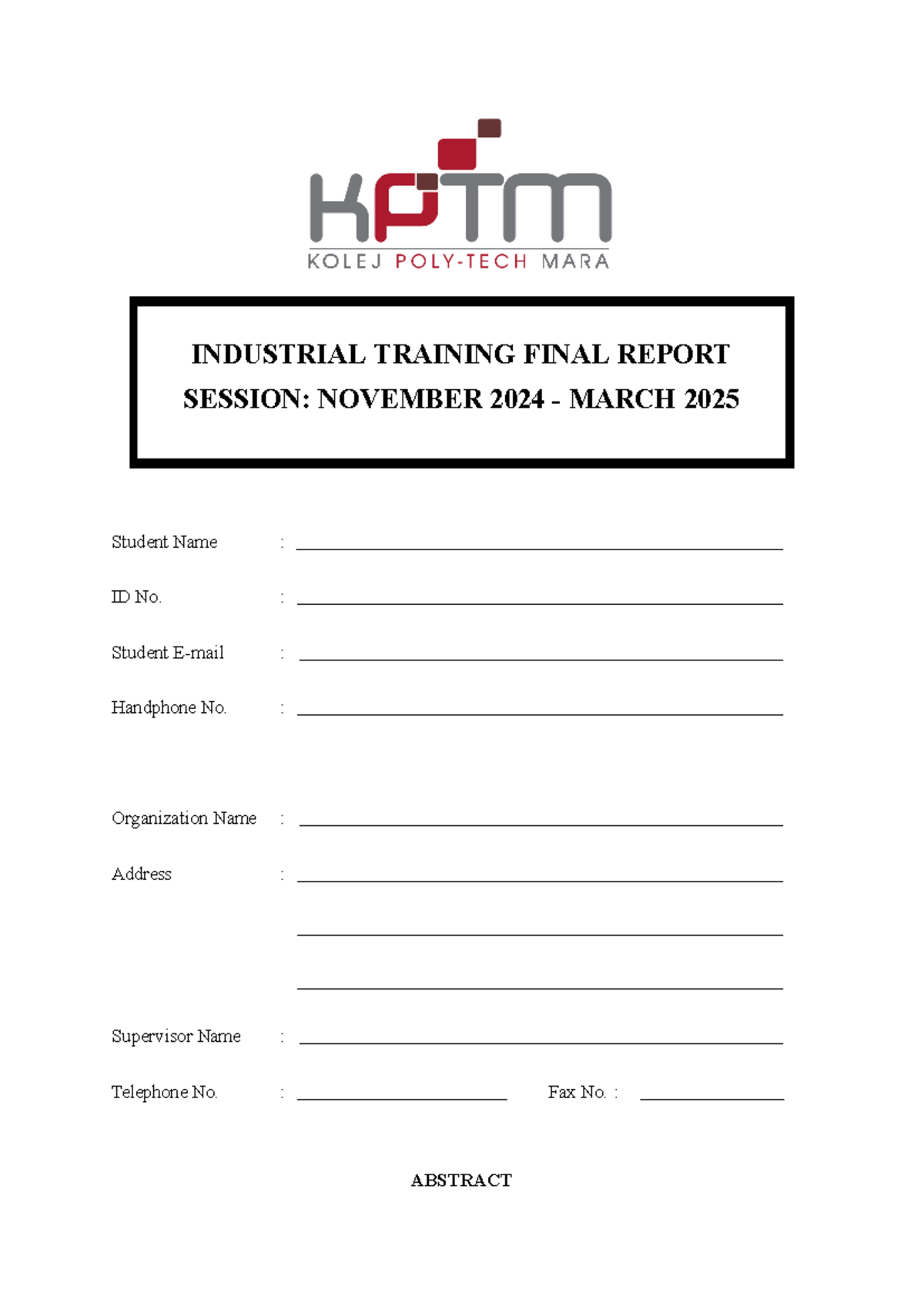Internship Final Report Template for KPTM - Nov 2024 to Mar 2025 - Studocu