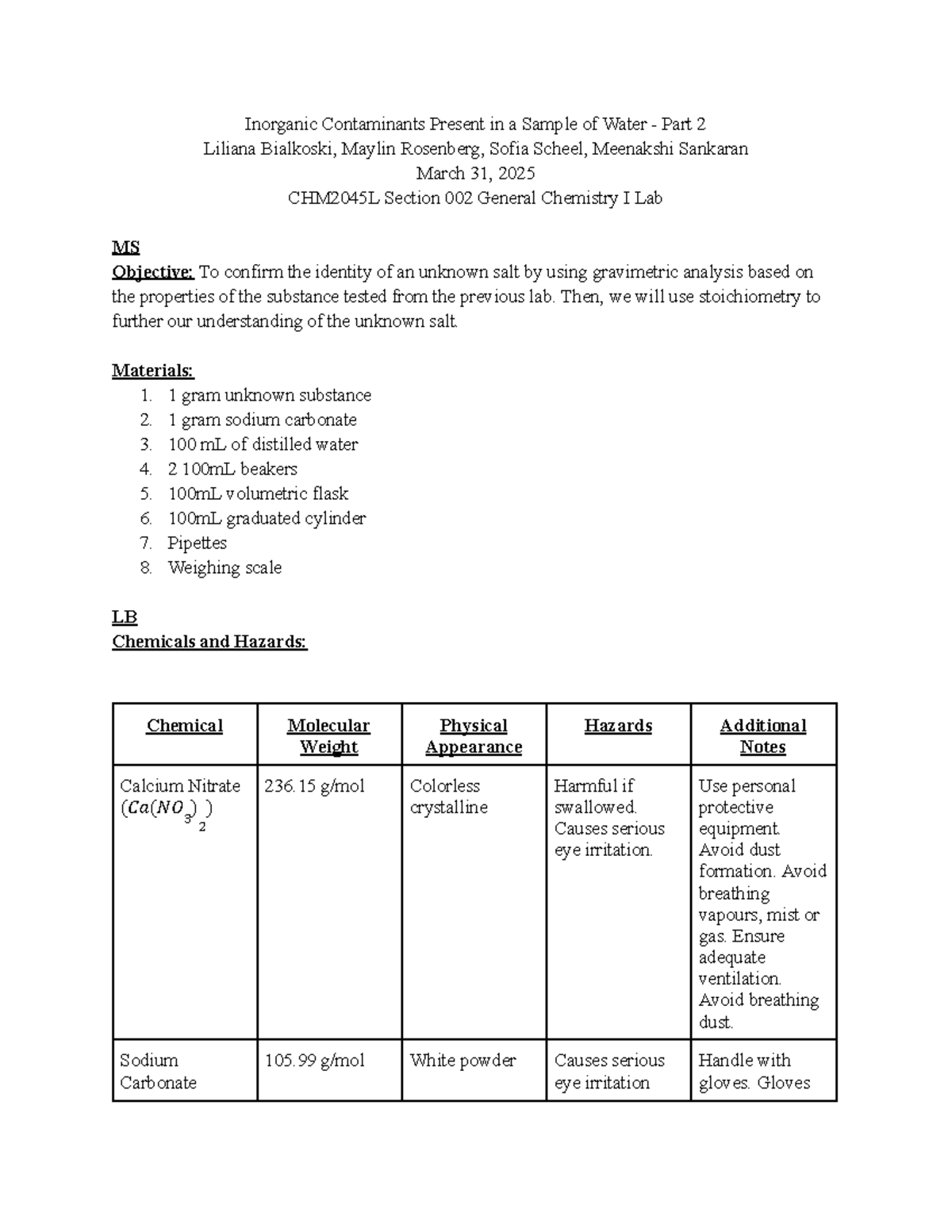 Module #5 Pre-Lab-Part 2 - Inorganic Contaminants Present in a Sample ...